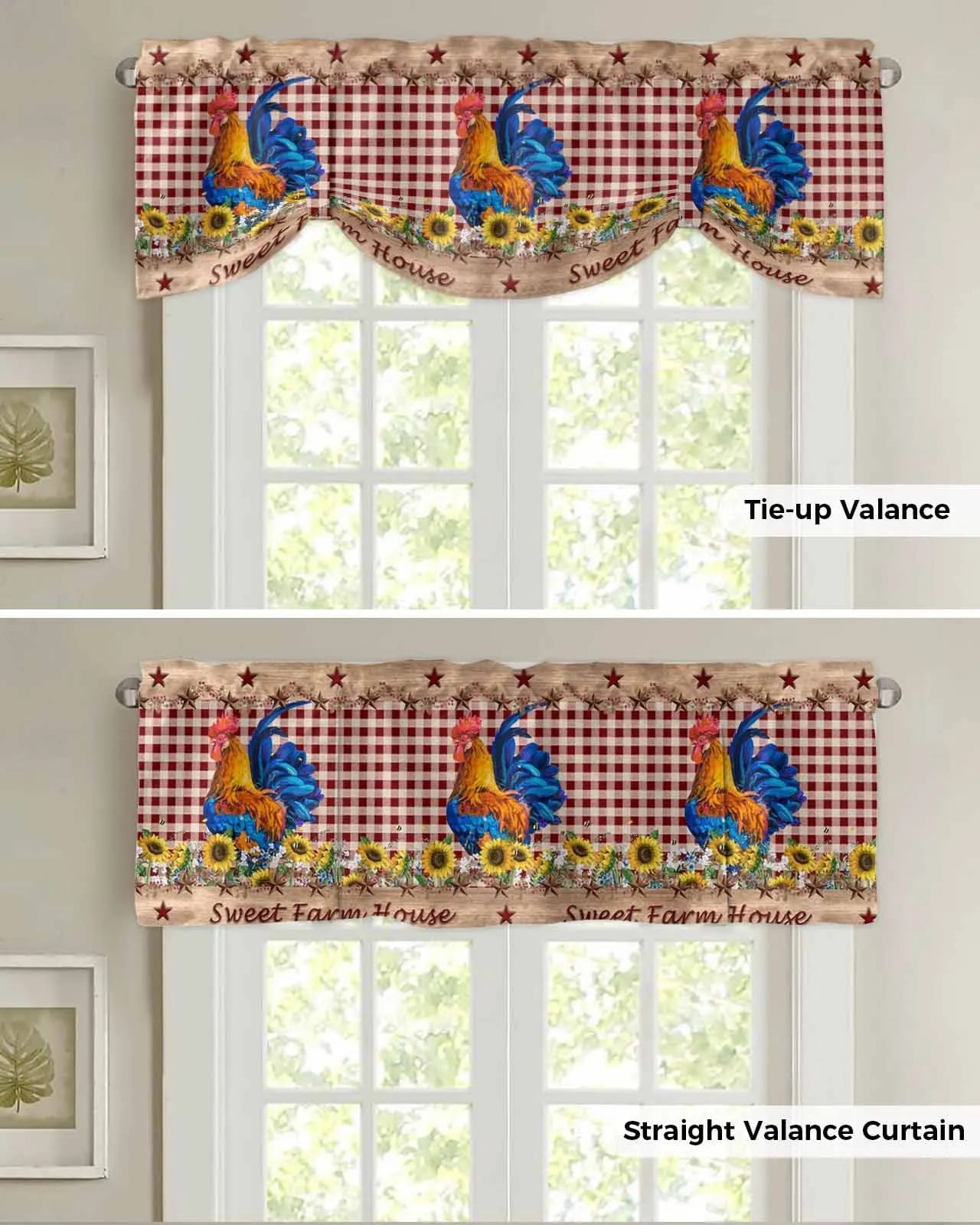 Tie Up Valance for Windows Farm Plaid Rooster Watercolor Retro Short ...