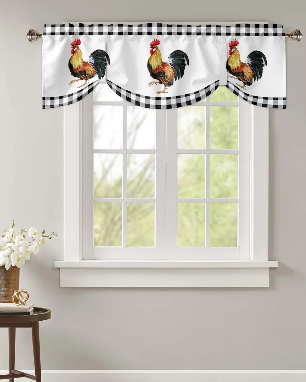 Tie Up Valance for Windows Farm Rooster Black And White Plaid Short ...