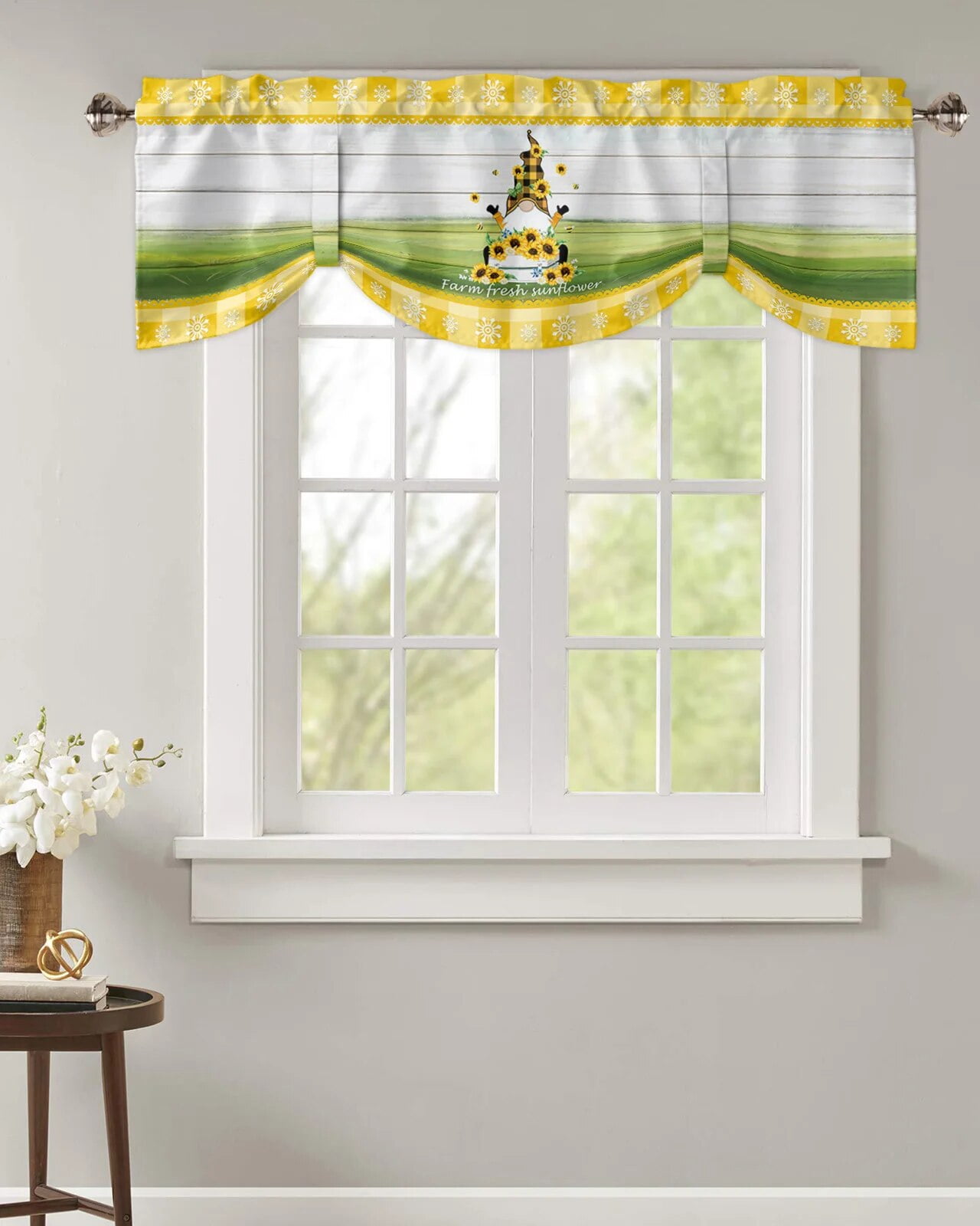 Tie Up Valance for Windows Farm Sunflower Dwarf Yellow Plaid Window ...