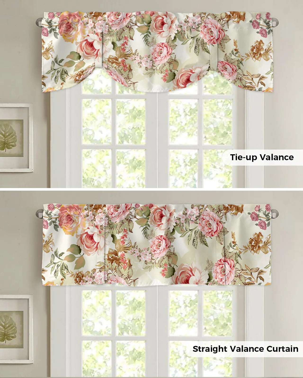 Tie Up Valance for Windows Flower Leaf Line Hand Drawn Window Curtain Bedroom Roman Curtain ...