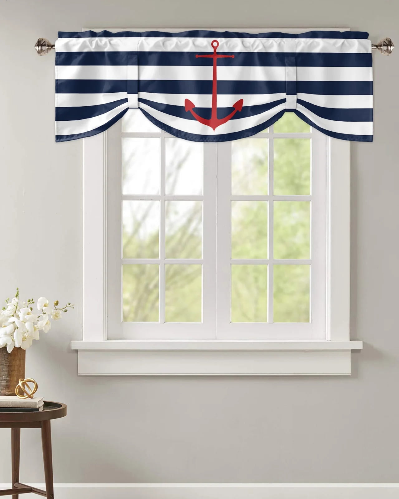 Tie Up Valance for Windows Geometric Blue Stripes Anchor Window Curtain ...