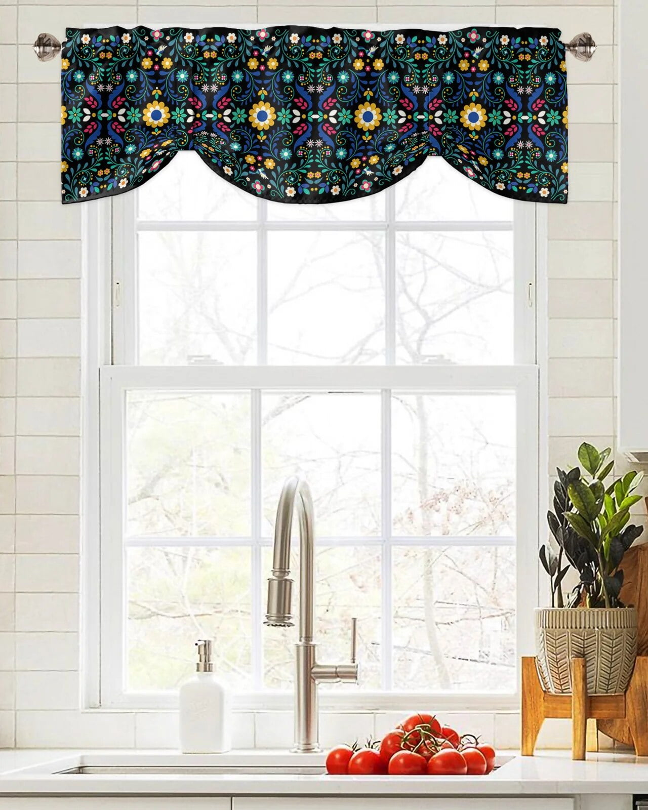 Tie Up Valance for Windows Geometric Floral Texture Window Curtain Living Room Kitchen Cabinet ...