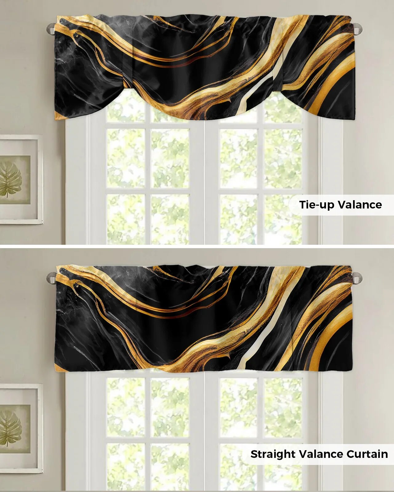 Tie Up Valance for Windows Marble Gold Texture Black Kitchen Valance ...