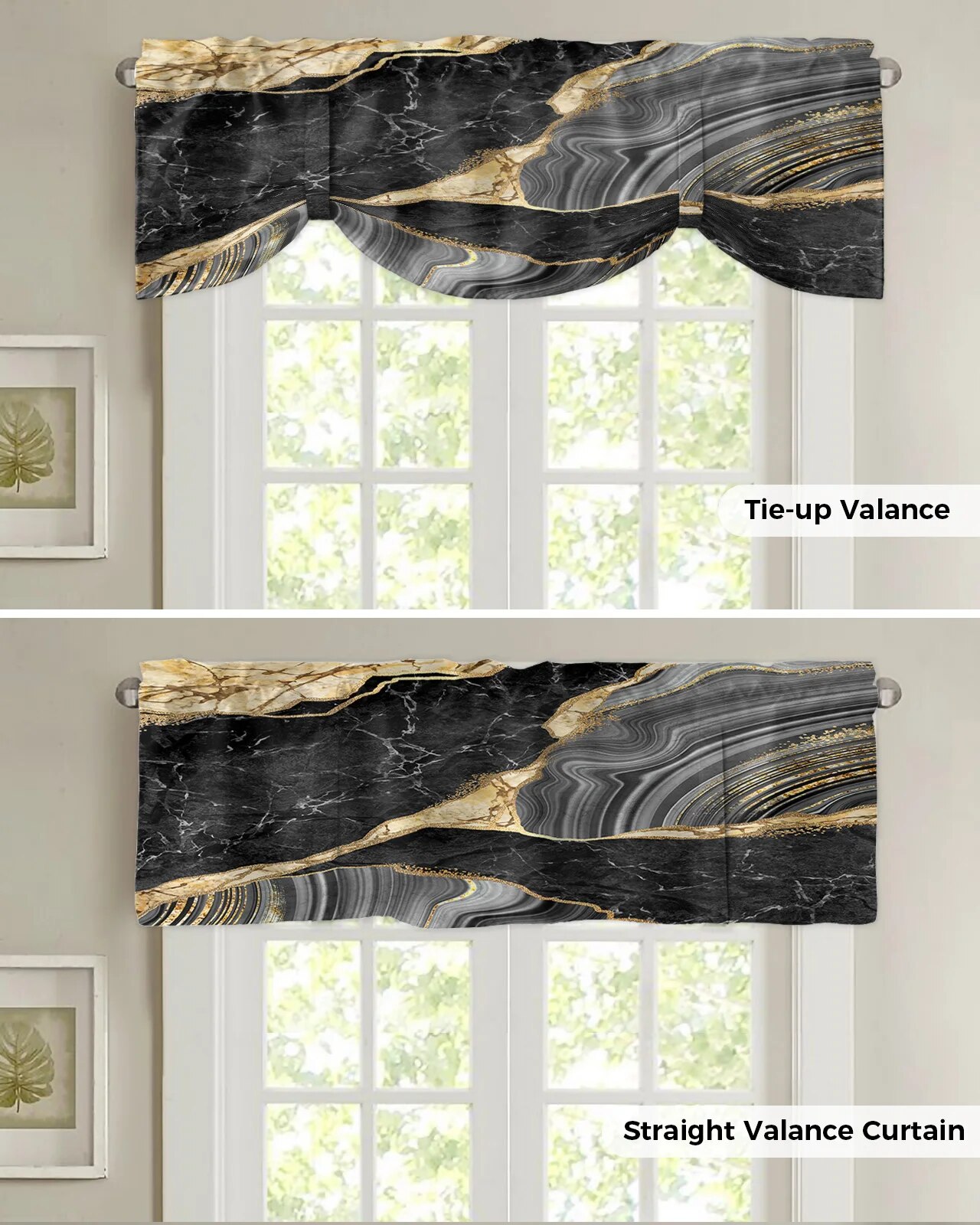 Tie Up Valance for Windows Marble Gold Texture Black Kitchen Valance ...