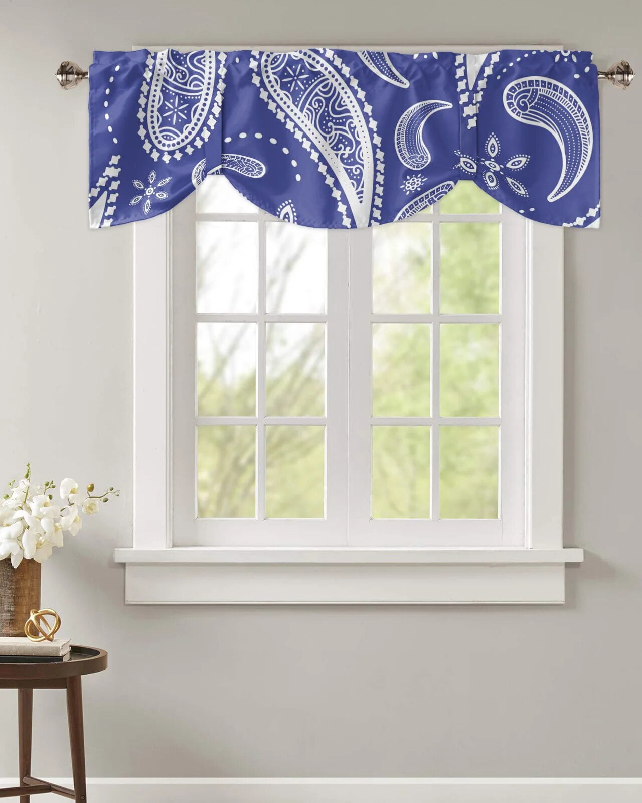 Tie Up Valance for Windows Paisley Pattern Blue Window Valance Curtain Kitchen Cafe Short ...