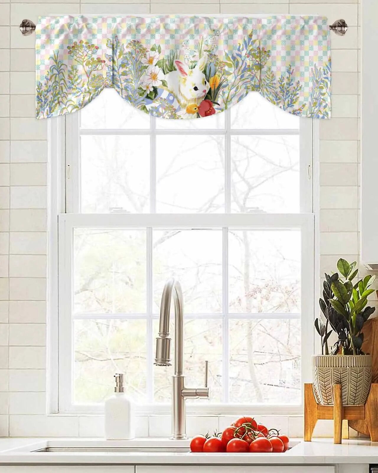 Tie Up Valance for Windows Retro Bunny Easter Hand Drawn Window Curtain ...