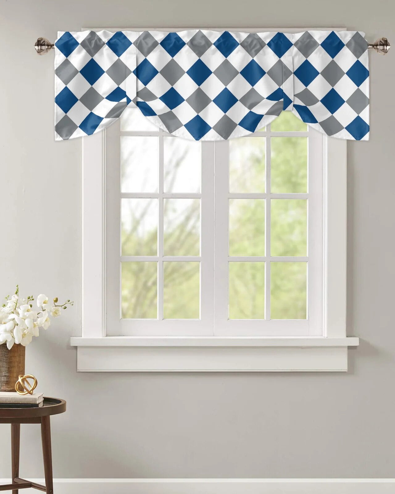 Tie Up Valance for Windows Rhombus Check Texture Blue Gray Window ...
