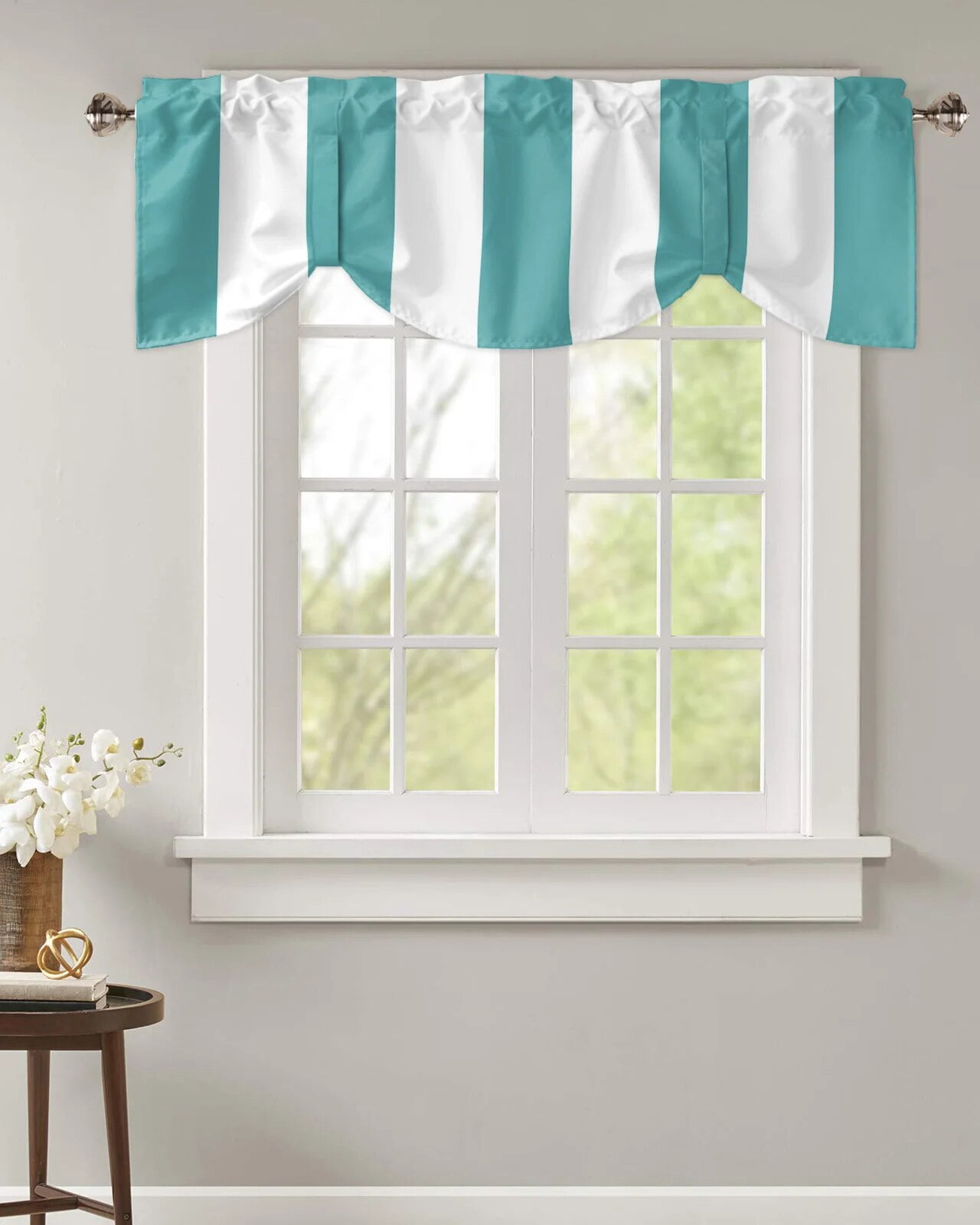 Tie Up Valance for Windows Stripes Summer Aqua Window Curtain Kitchen ...