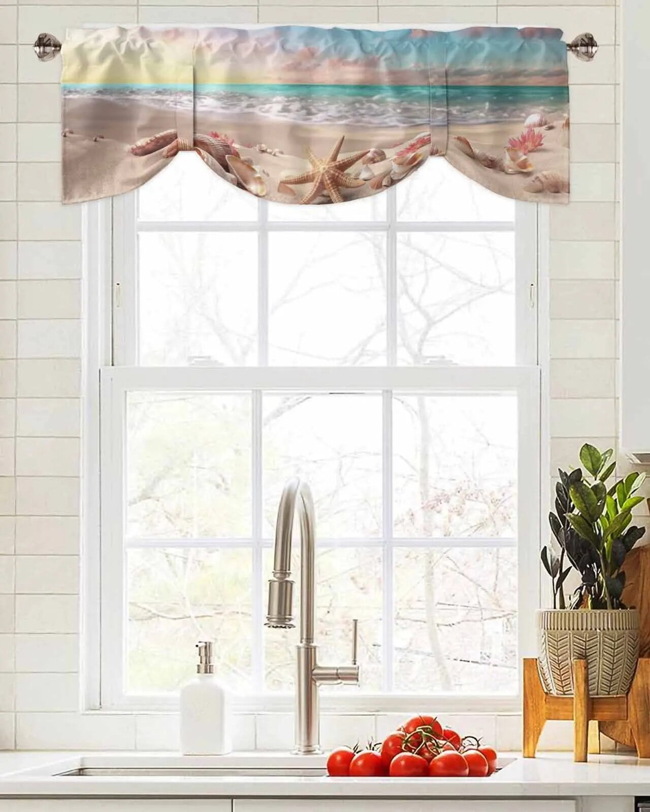 Tie Up Valance for Windows Summer Beach StarShells Waves Short Window ...