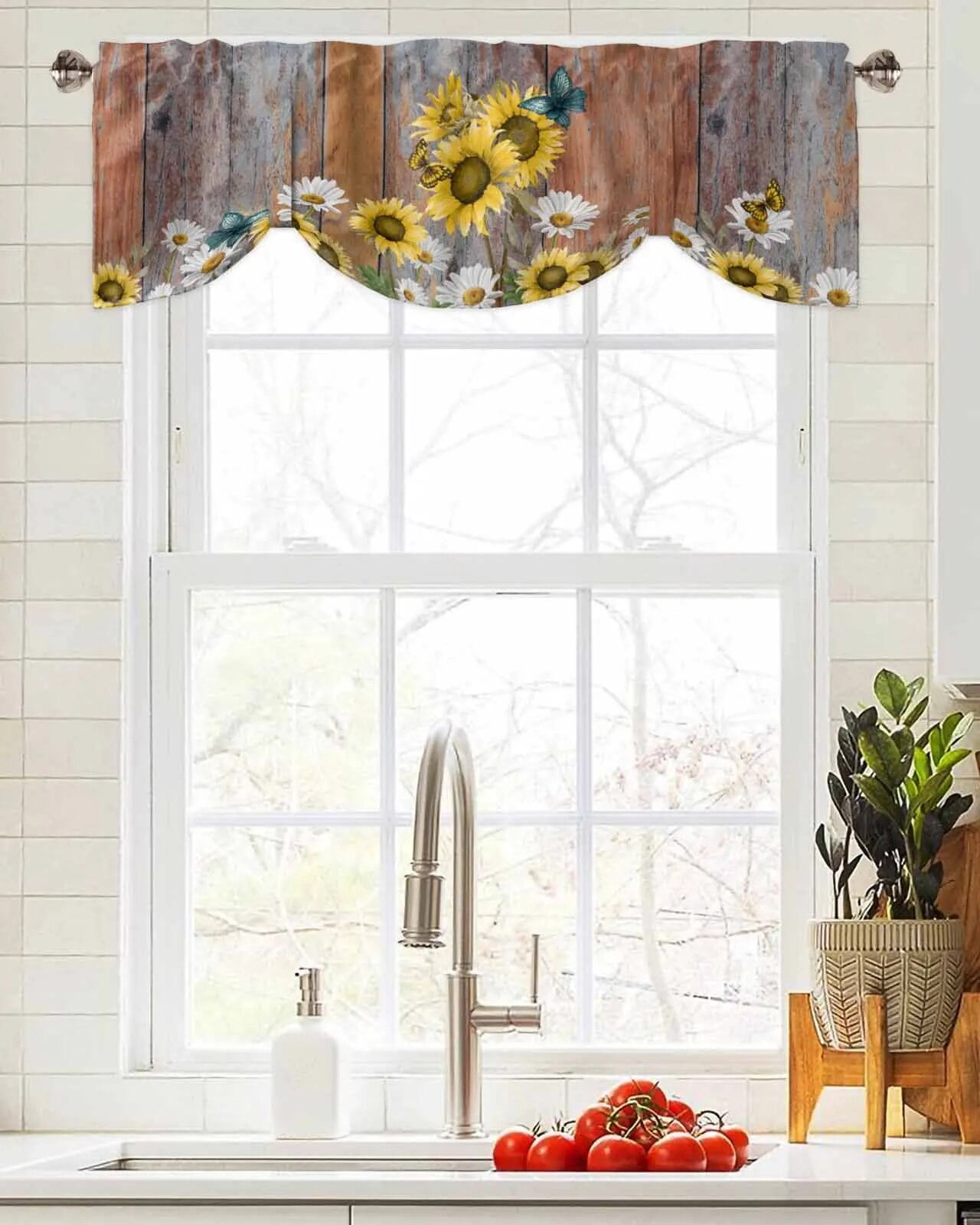 Tie Up Valance for Windows Sunflower Butterfly Watercolor Flower Window ...