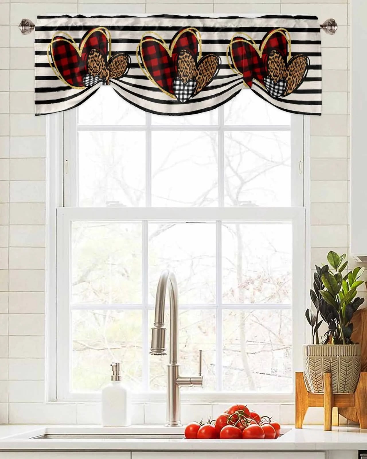 Tie Up Valance for Windows Valentine Black Stripes Hearts Window ...