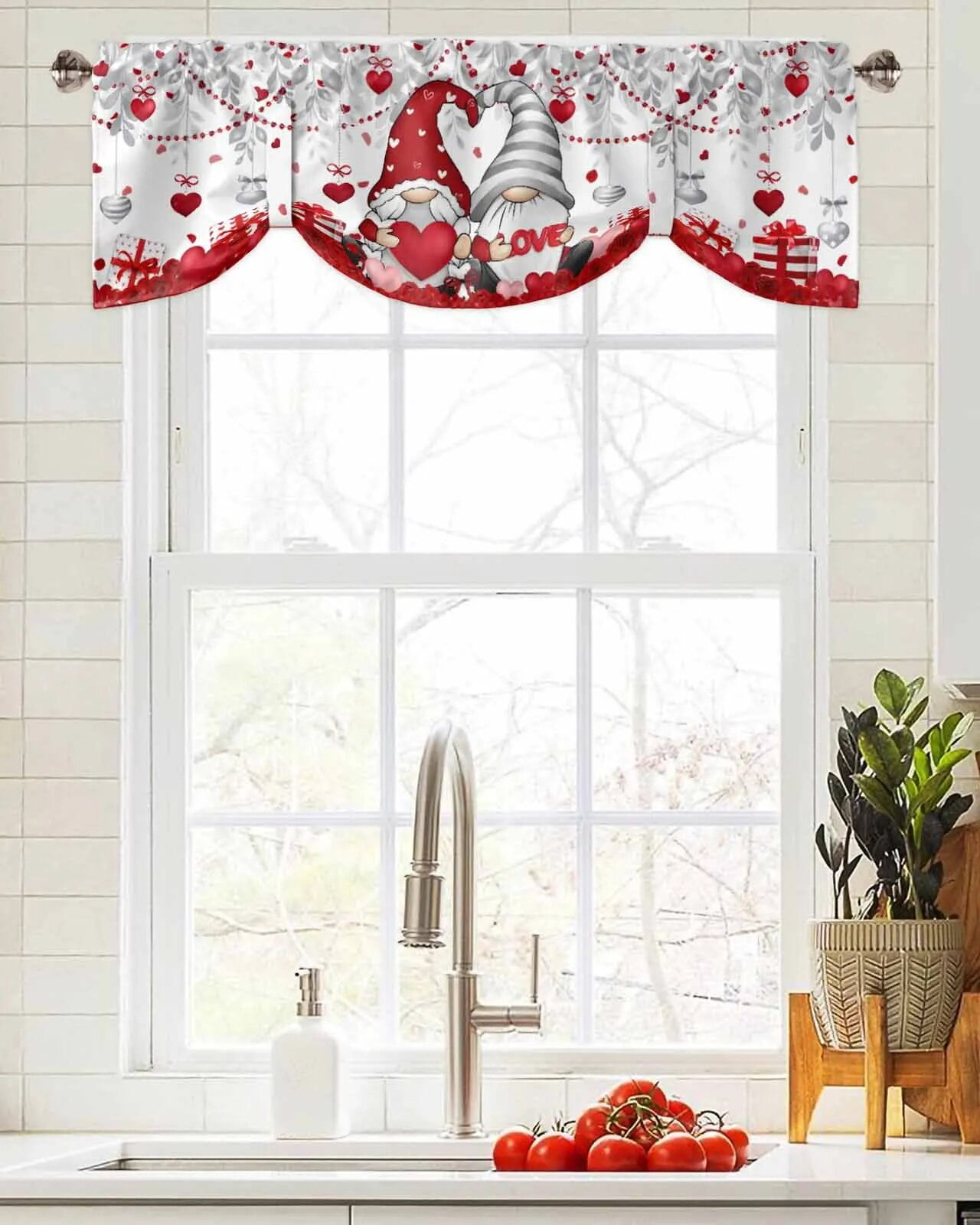 Tie Up Valance for Windows Valentine Hearts Gnome Window Curtain Living ...
