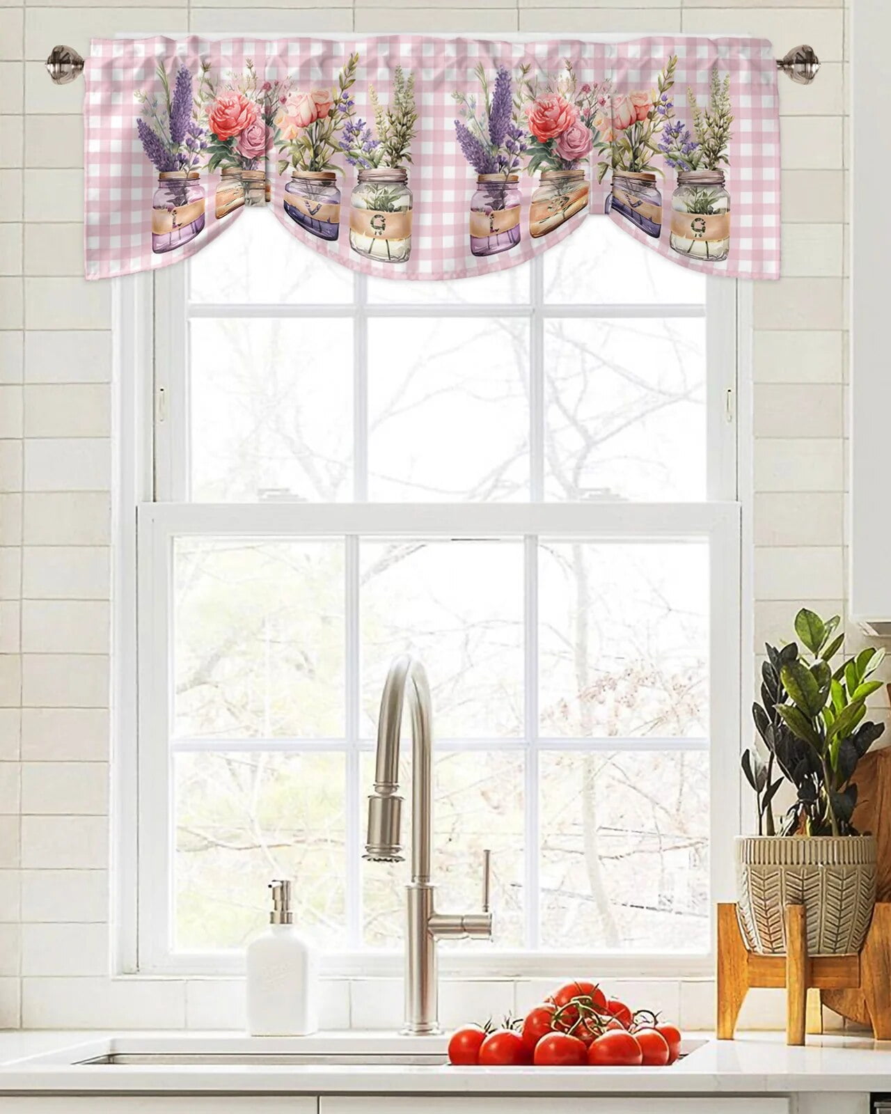 Tie Up Valance for Windows Valentine'S Day Floral Plaid Window Curtain ...