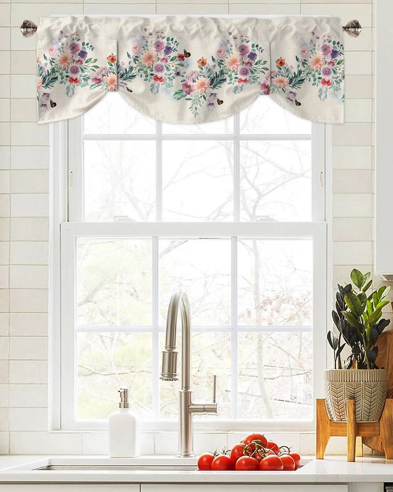Tie Up Valance for Windows Watercolor Flowers Butterfly Window Curtain ...