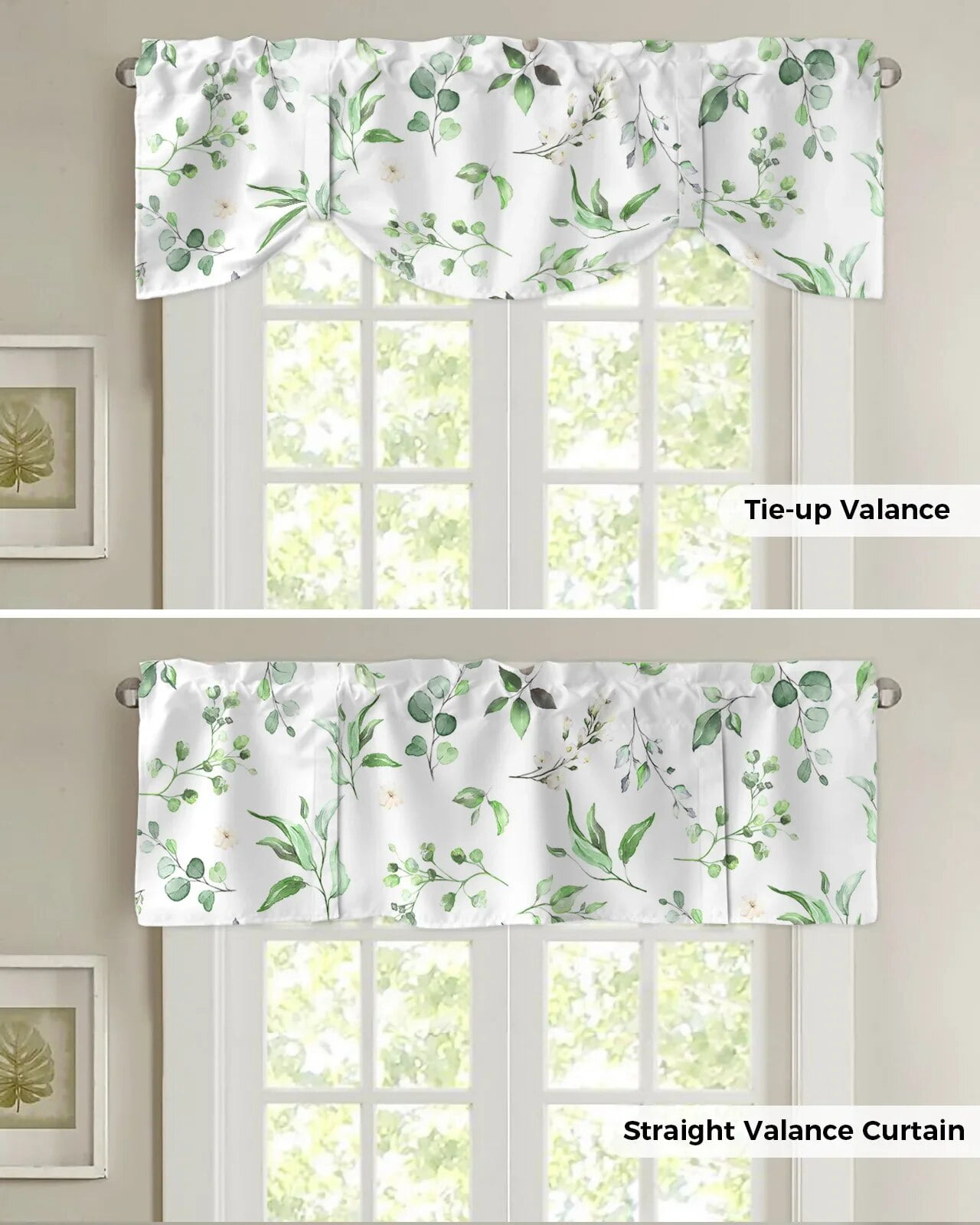 Tie Up Valance for Windows Watercolor Flowers Leaves Green Window Curtain Kitchen Cabinet Coffee ...