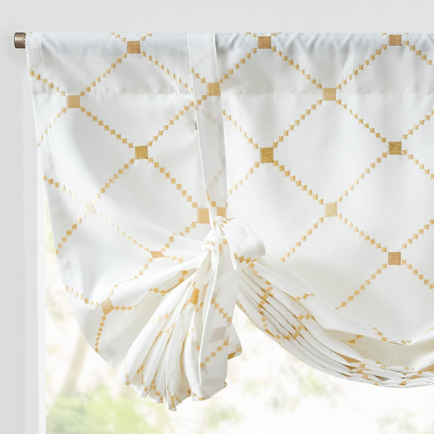 Tie Up Valance Curtain with Diamond Embroidery 63 Inch Geometric ...