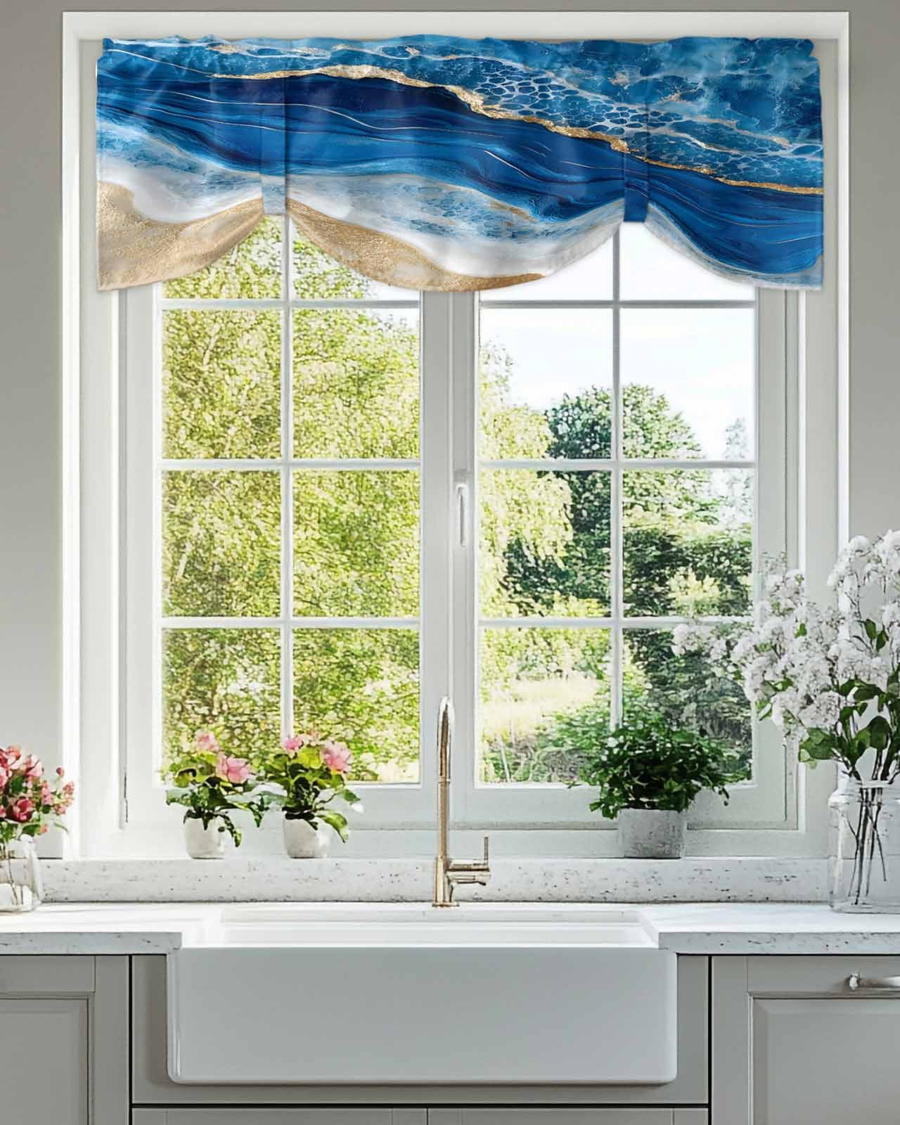 Tie Up Valance Curtain for Kitchen,Abstract Beach Ocean Wave Rod Pocket ...