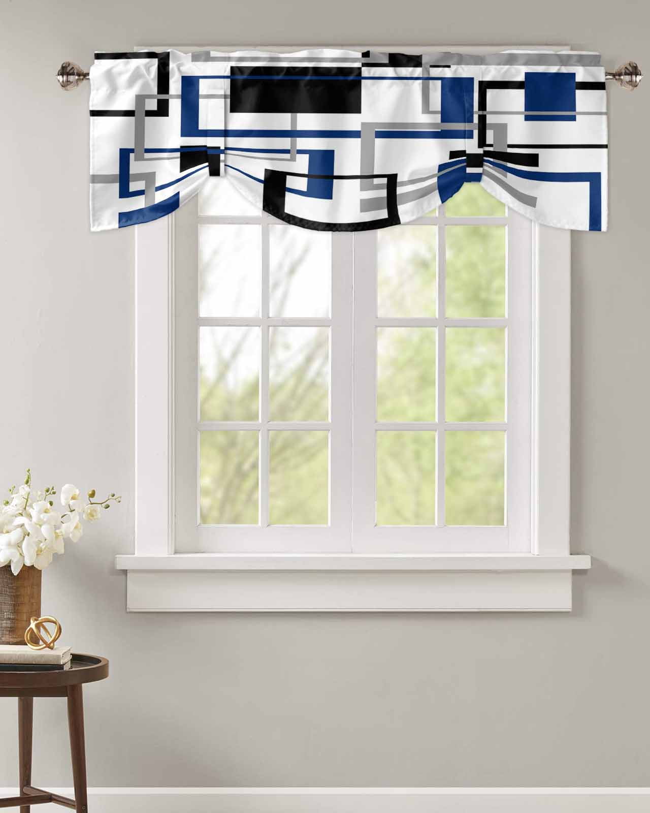 Tie Up Valance Curtain for Kitchen, Abstract Geometric Squares Rod ...