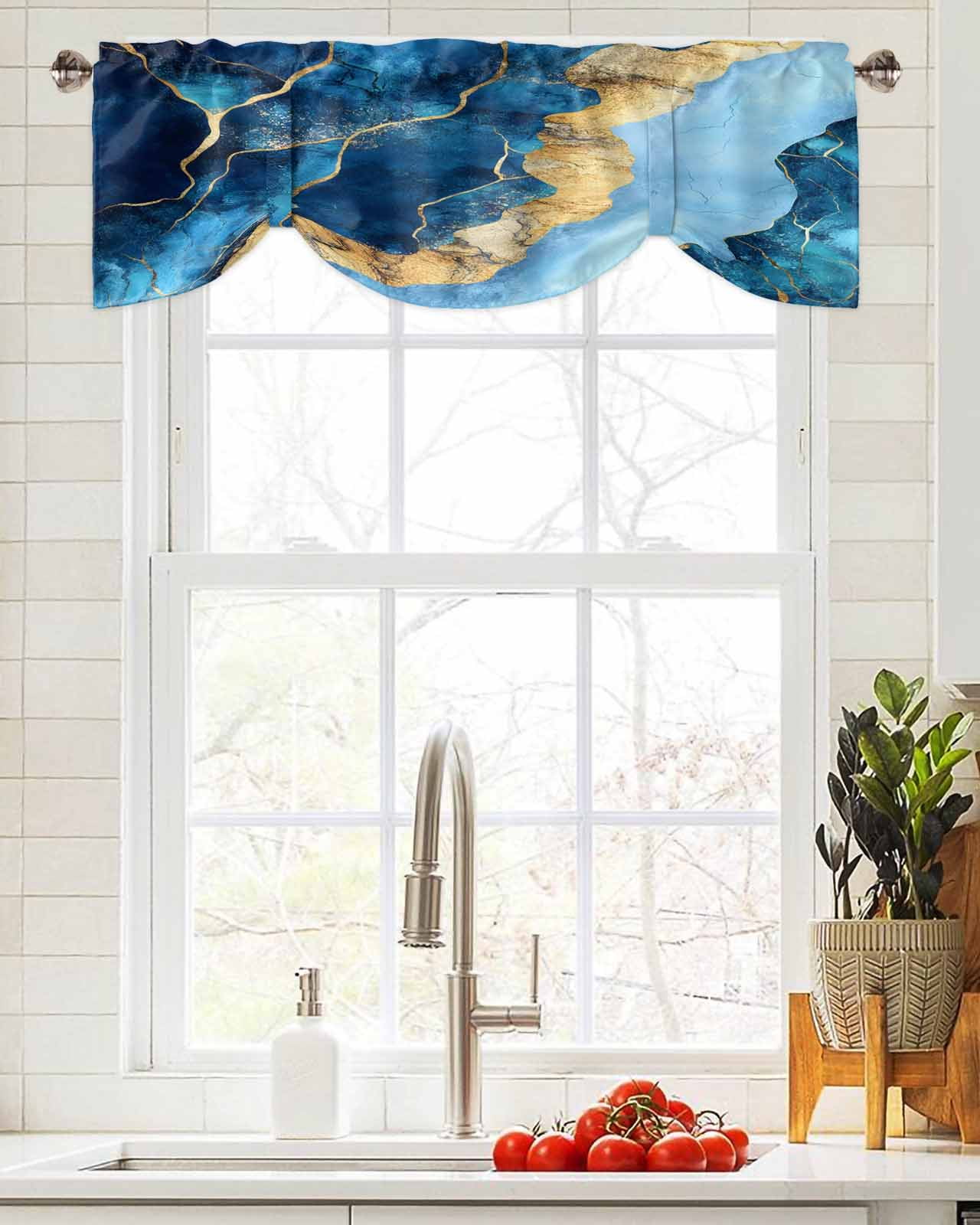 Tie Up Valance Curtain for Kitchen,Abstract Gradient Blue Marbling Rod ...
