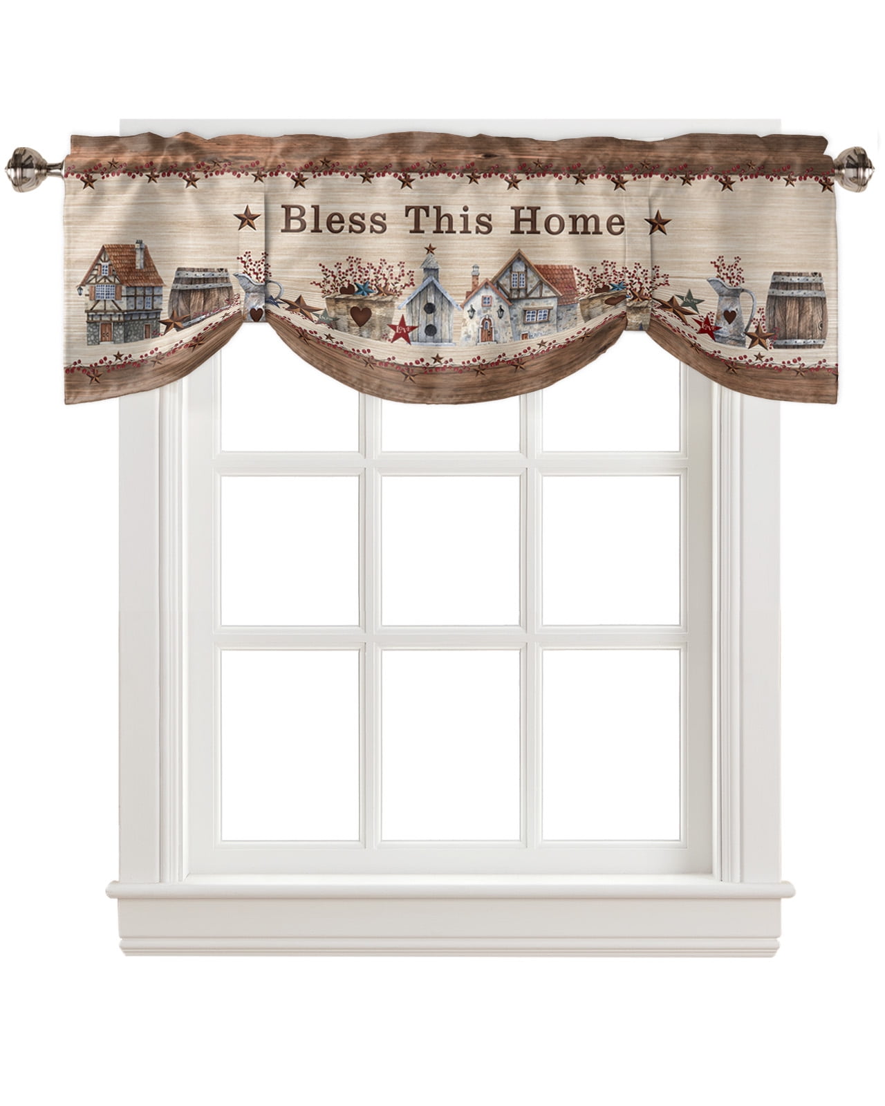 Tie Up Valance Curtain for Kitchen,American Farmhouse on Wood Barn Rod ...