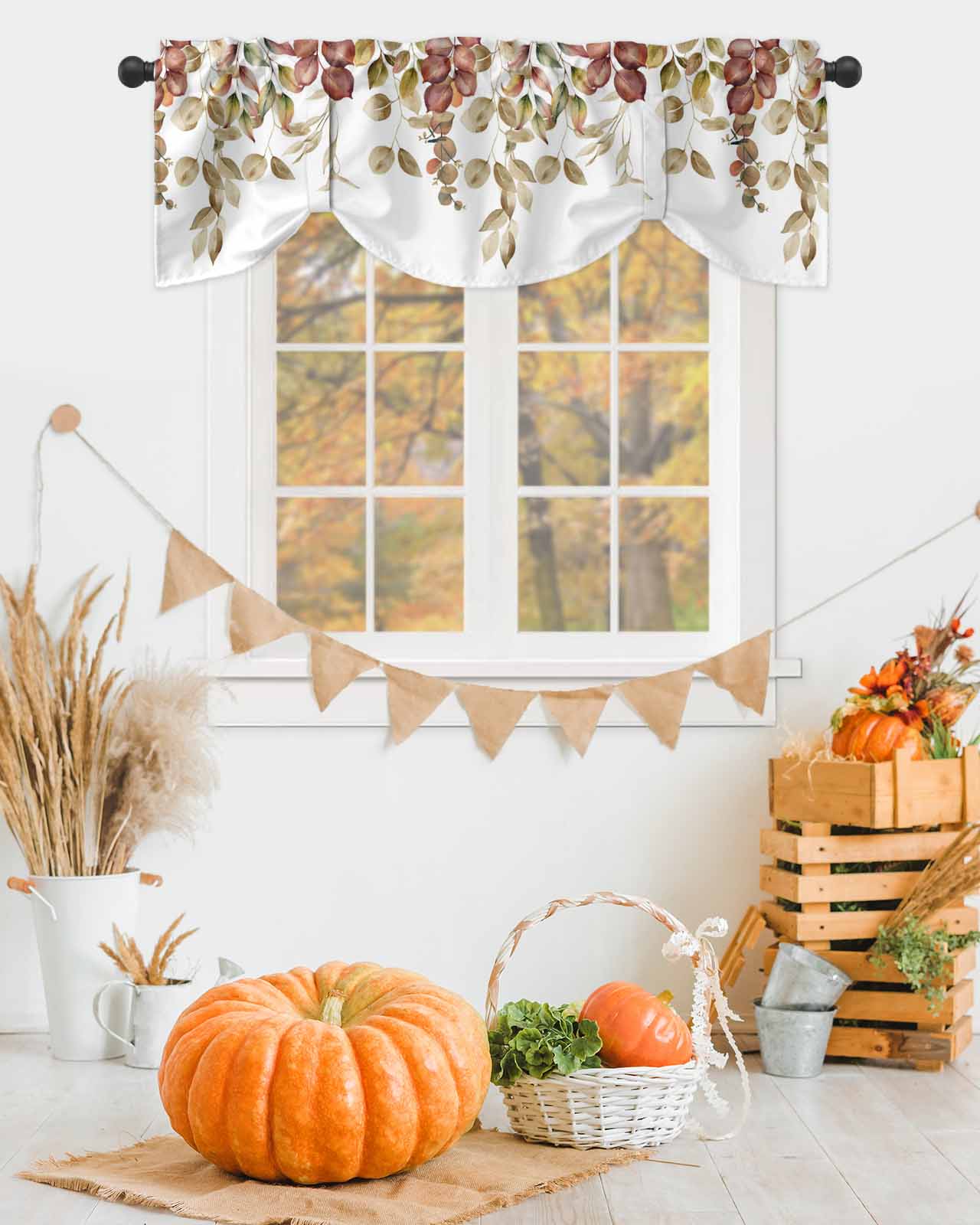 Tie Up Valance Curtain for Kitchen,Autumn Eucalyptus Leaves on White ...