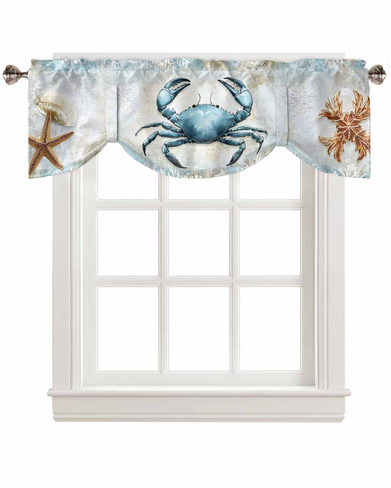 Tie Up Valance Curtain for Kitchen,Blue Crabs Nautical Starfish Rod ...
