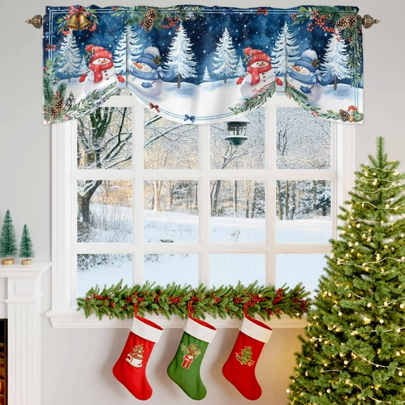 Tie Up Valance Curtain for Kitchen,Christmas Snowman Pine Tree Rod ...