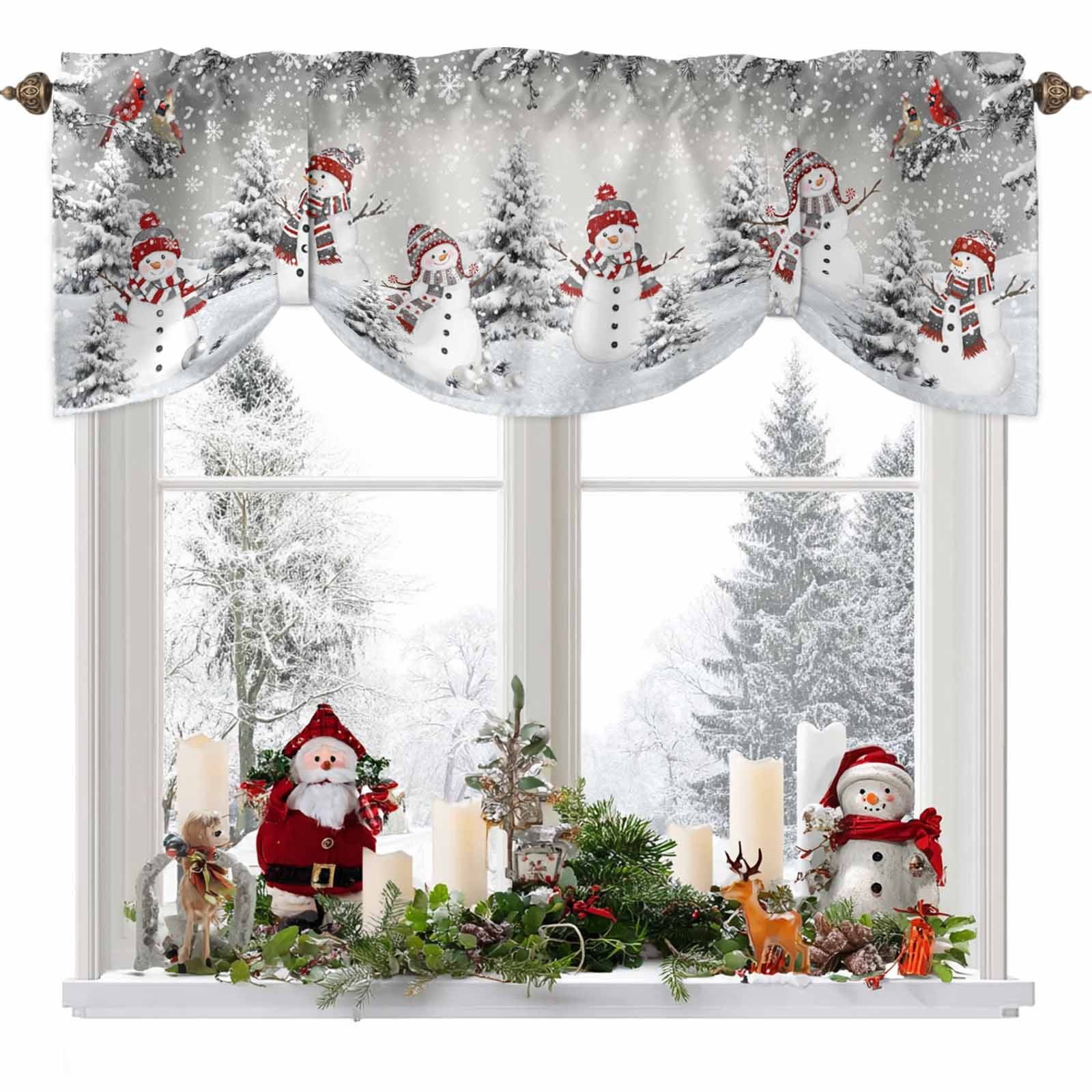 Tie Up Valance Curtain for Kitchen,Christmas Tree Snowmen Rod Pocket ...