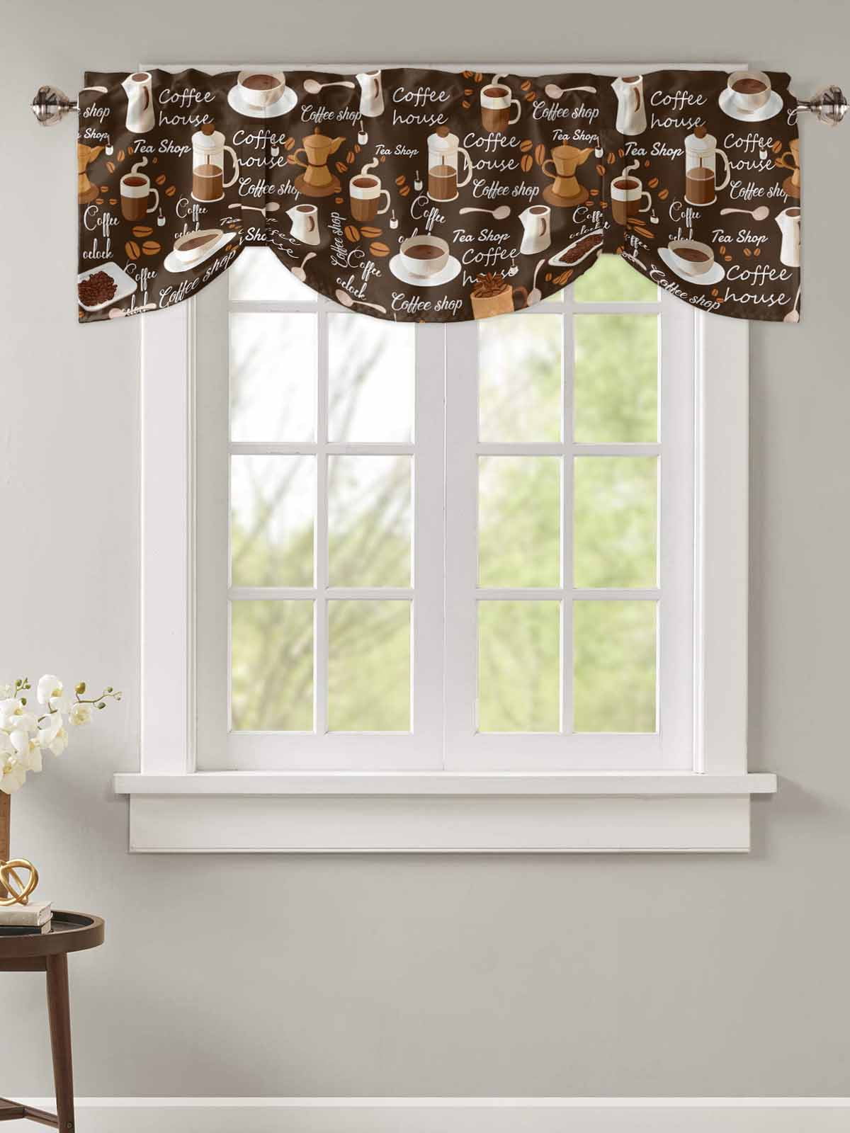 Tie Up Valance Curtain for Kitchen,Coffee Bean Cafe Cup Seamless Rod ...