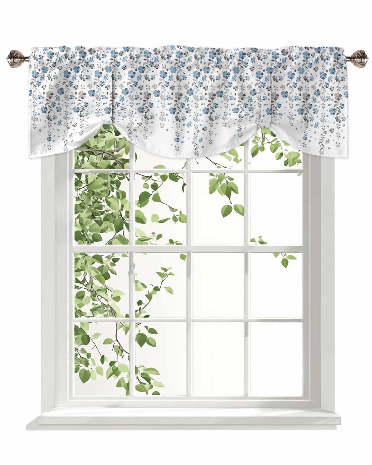 Tie Up Valance Curtain for Kitchen, Country Blue Leaves Vines Seamless ...