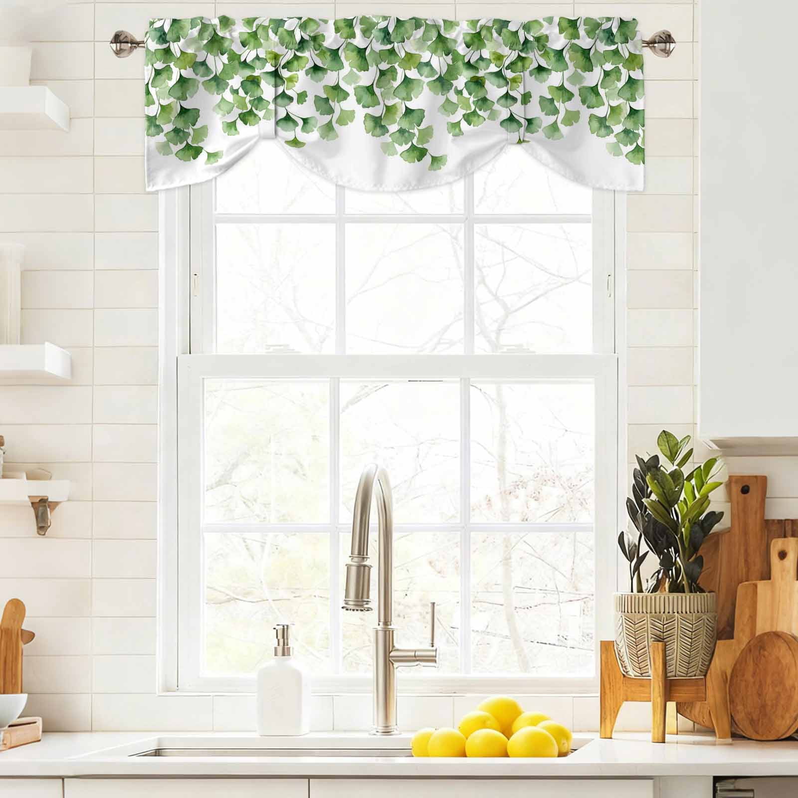 Tie Up Valance Curtain for Kitchen,Country Leaf Watercolor Green Rod ...