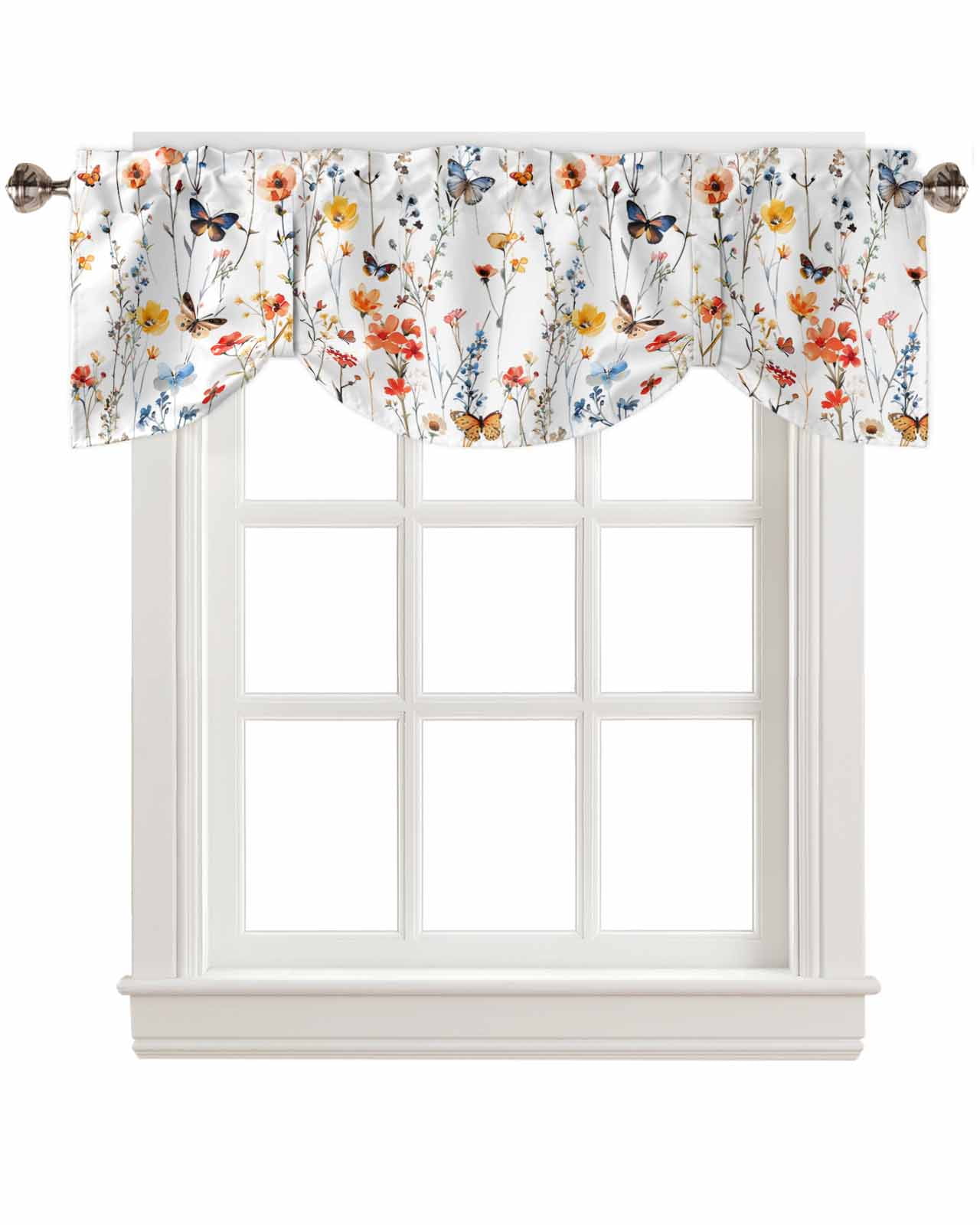 Tie Up Valance Curtain for Kitchen,Countryside Flowers Leaves Butterfly ...
