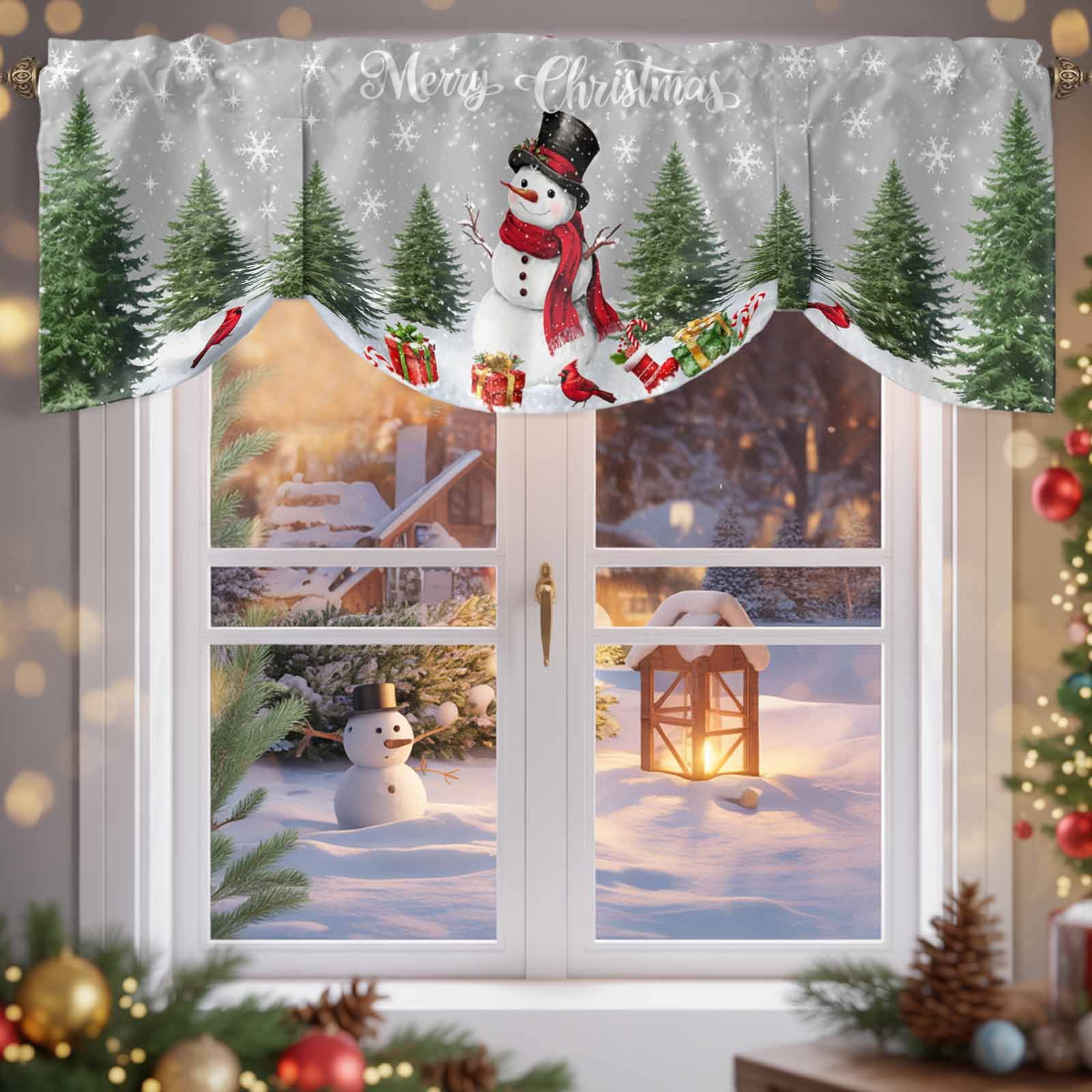 Tie Up Valance Curtain for Kitchen,Cute Snowman Christmas Tree Rod ...