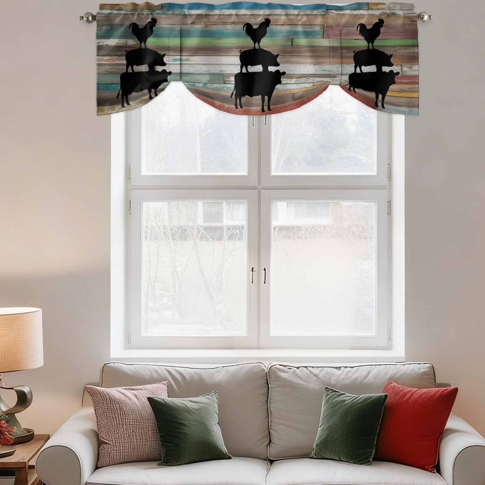 Tie Up Valance Curtain for Kitchen,Farm Animal Silhouette Cow Pig Chick ...