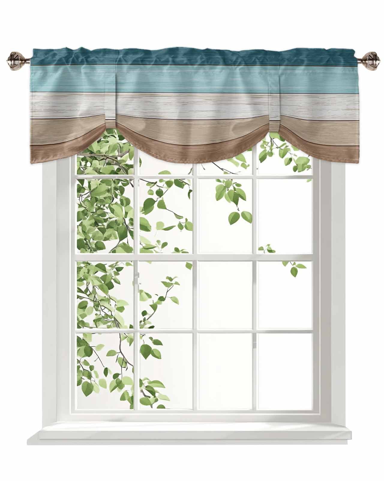 Tie Up Valance Curtain for Kitchen, Farm Retro Wood Board Gradient Rod ...