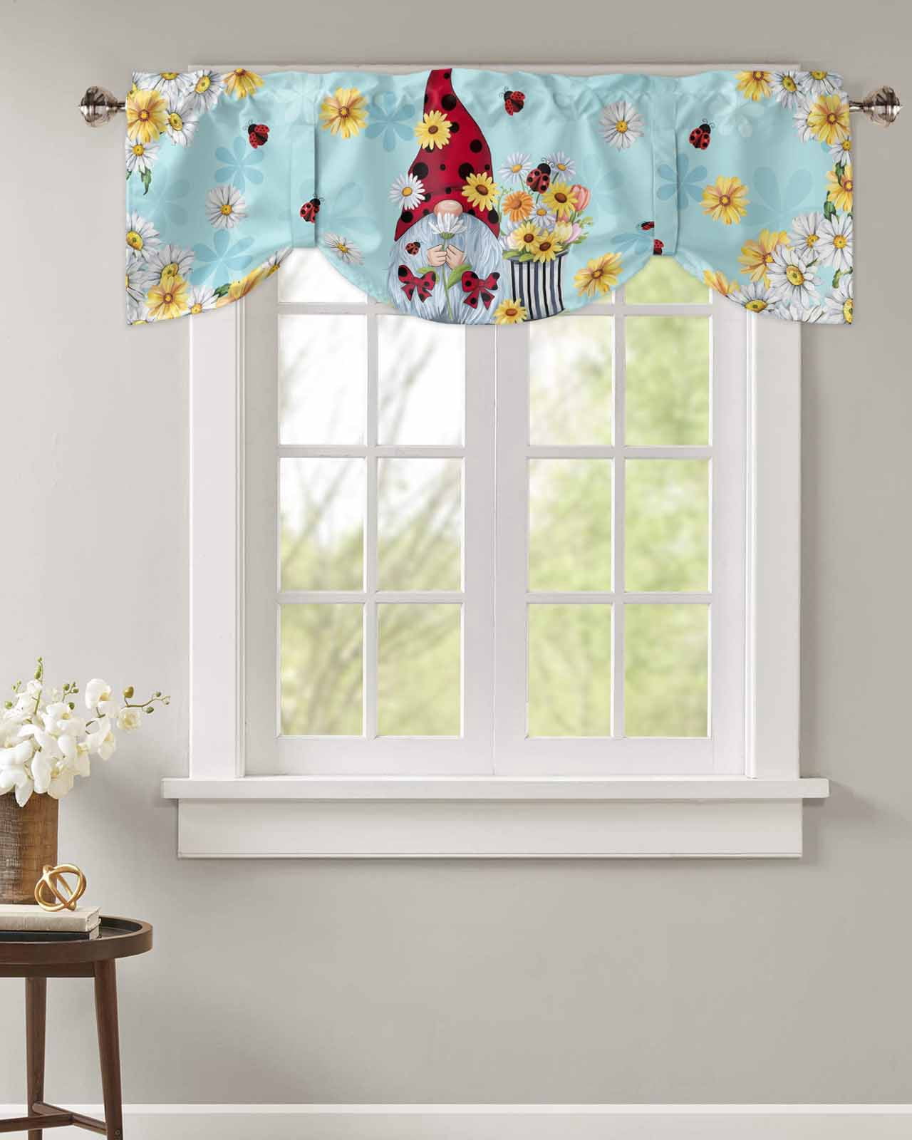 Tie Up Valance Curtain for Kitchen, Farmhouse Animal Ladybug Gnome Rod ...