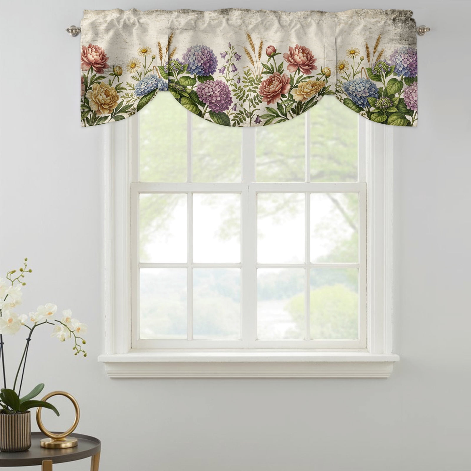 Tie Up Valance Curtain for Kitchen,Farmhouse Flower Leaves Hydrangea ...