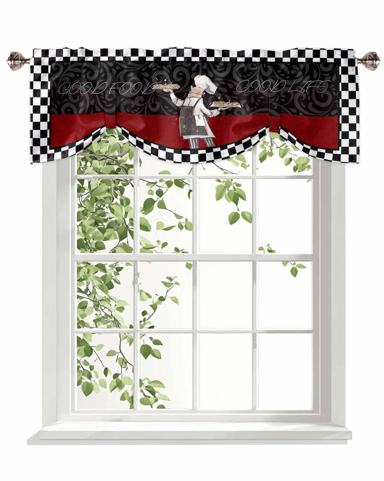 Tie Up Valance Curtain for Kitchen, Funny Chef Food Black Plaid Rod ...