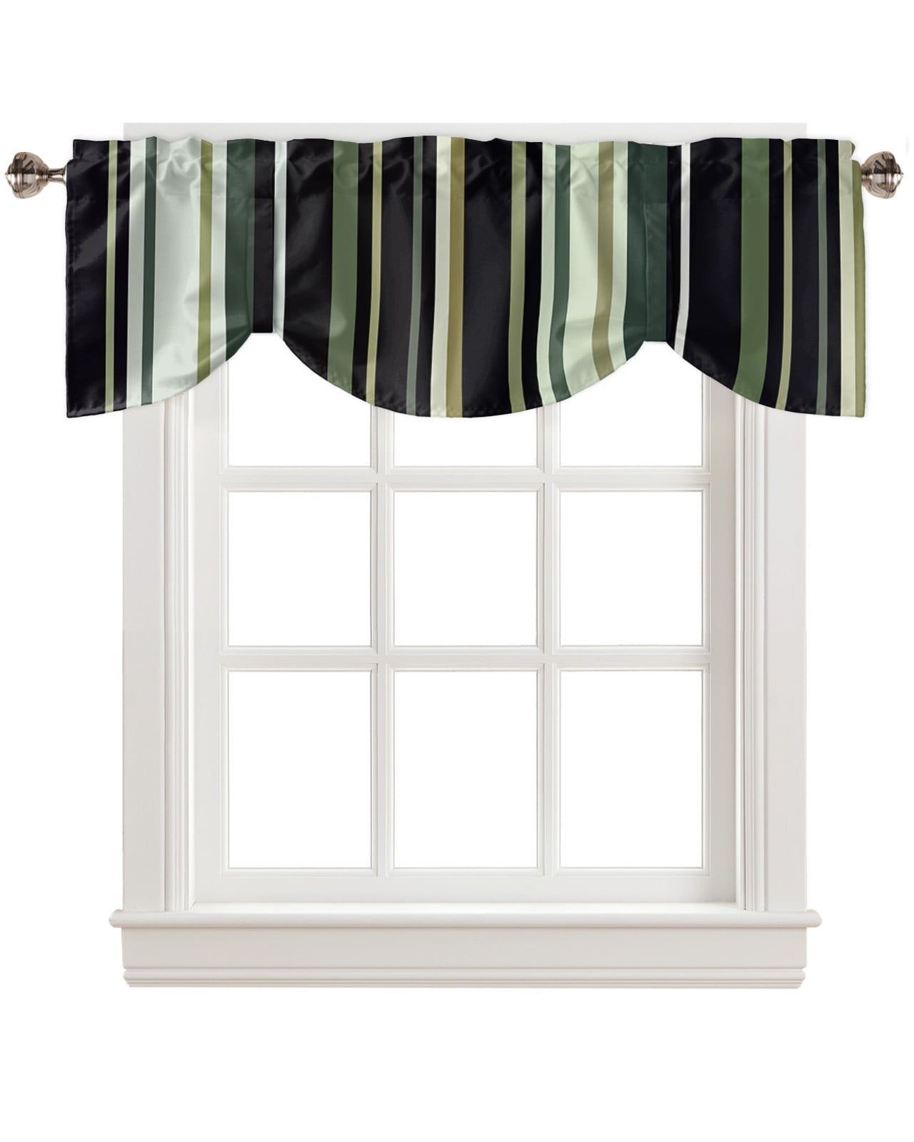 Tie Up Valance Curtain for Kitchen,Green Black Stripe Pattern Rod ...