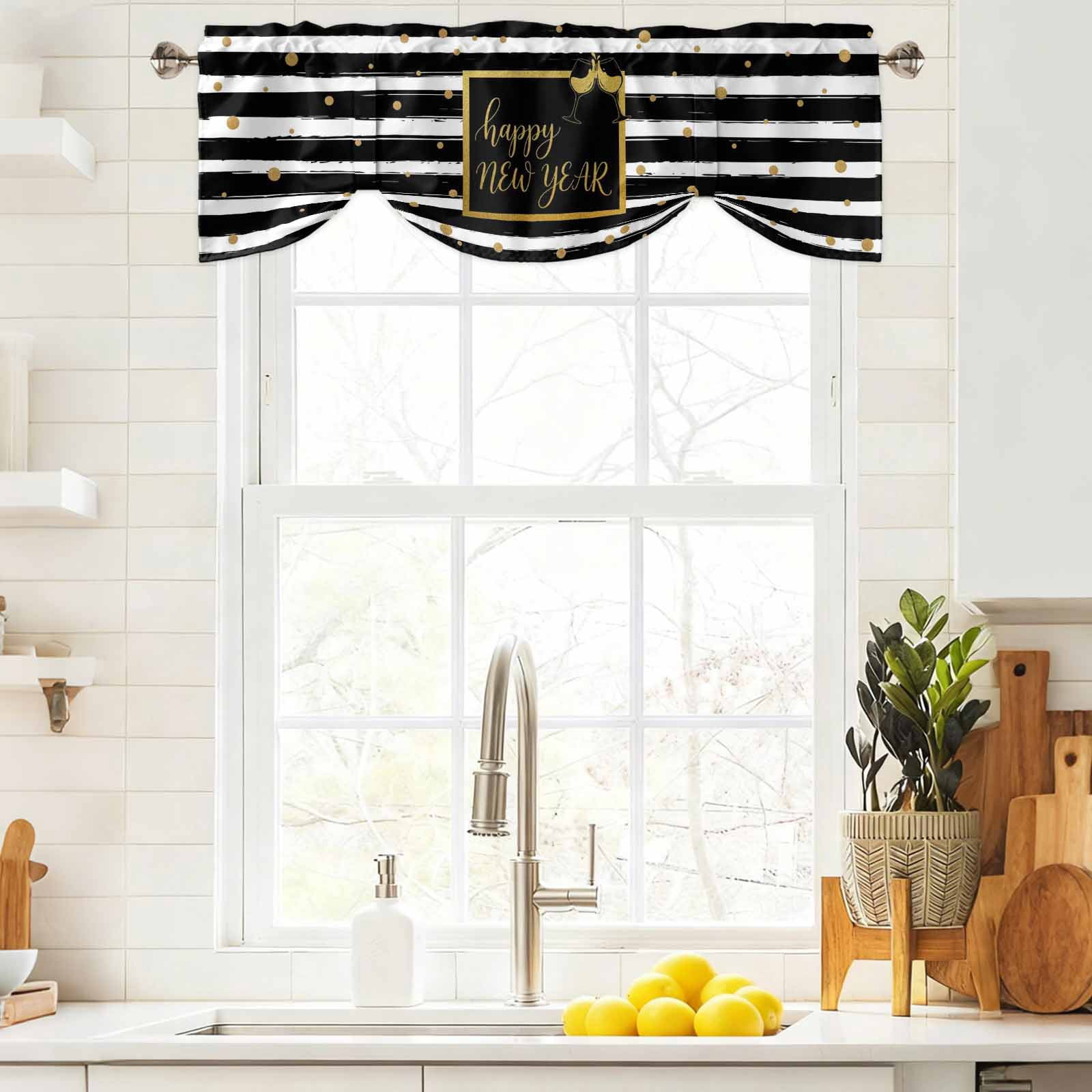 Tie Up Valance Curtain for Kitchen,Happy New Year Words Rod Pocket ...