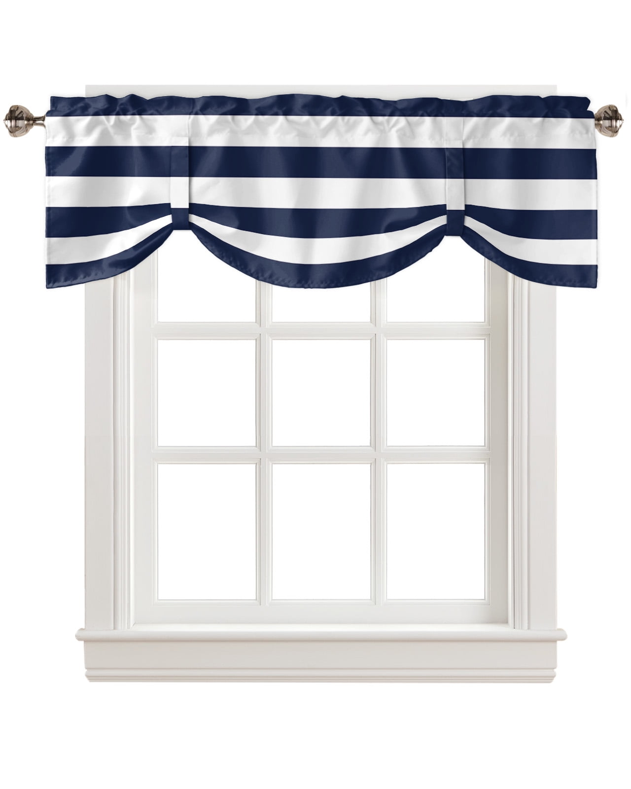 Tie Up Valance Curtain for Kitchen,Nautical Navy Blue Stripes on White ...