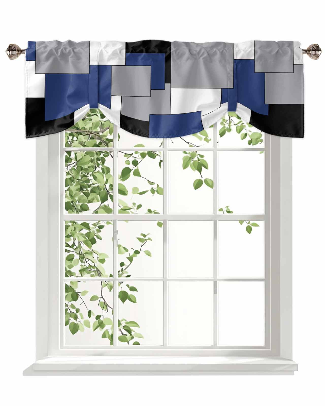 Tie Up Valance Curtain for Kitchen, Navy Blue Color Block Rod Pocket ...