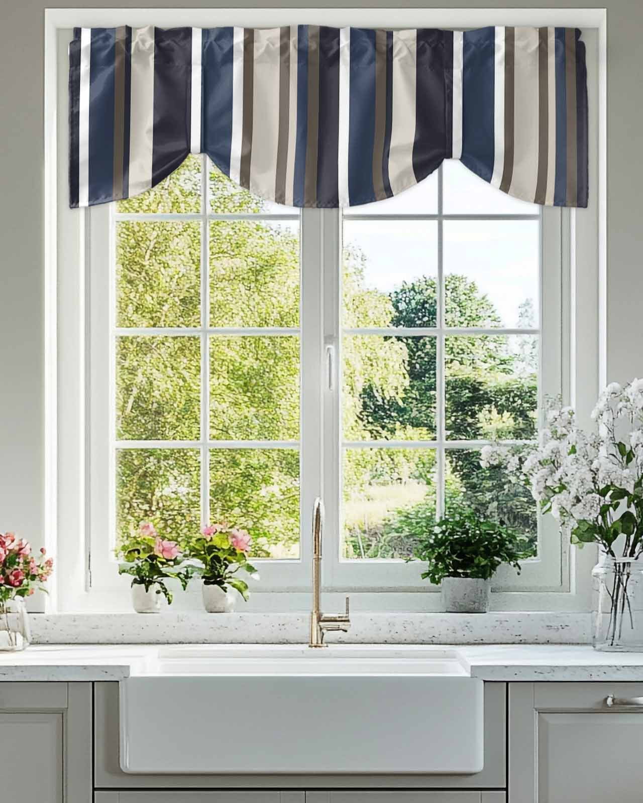 Tie Up Valance Curtain for Kitchen,Navy Blue Stripe Gradient Geometric ...