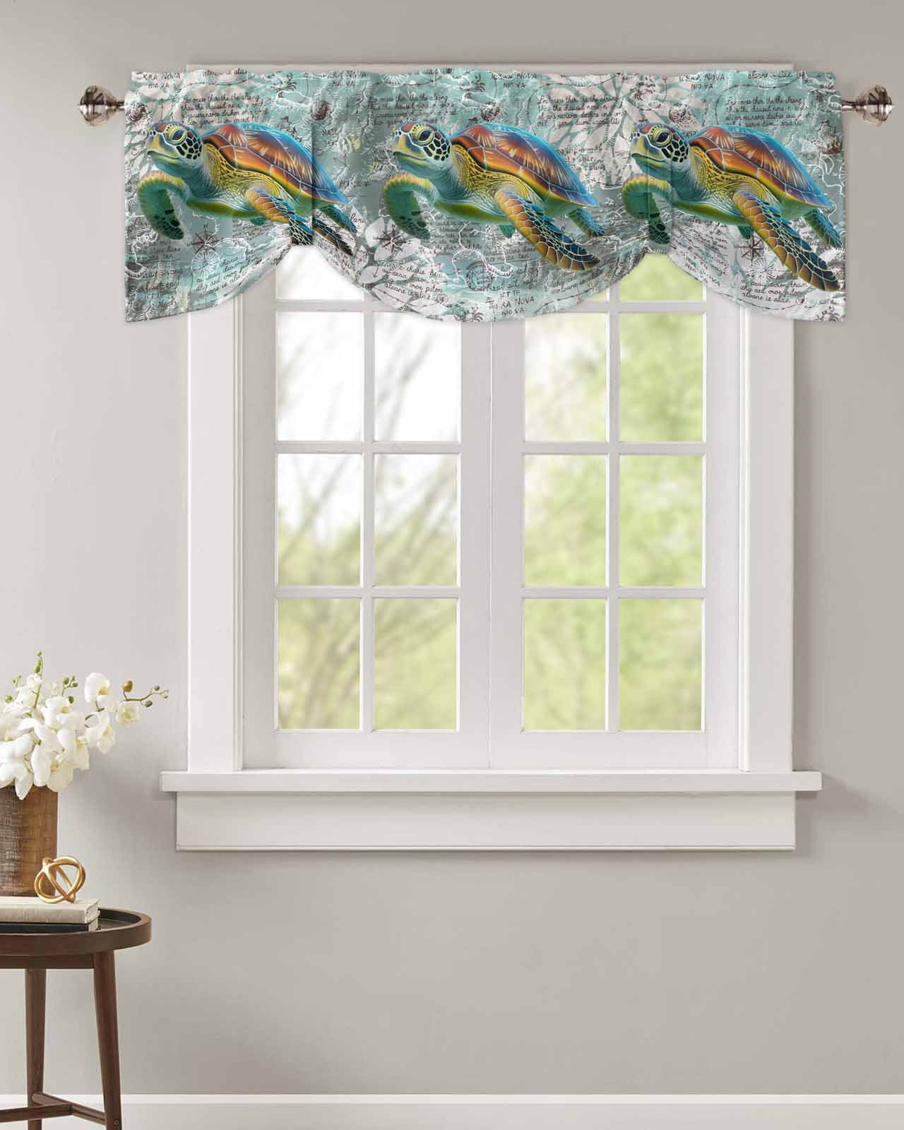 Tie Up Valance Curtain for Kitchen, Ocean Sea Turtle Nautical Map Rod ...