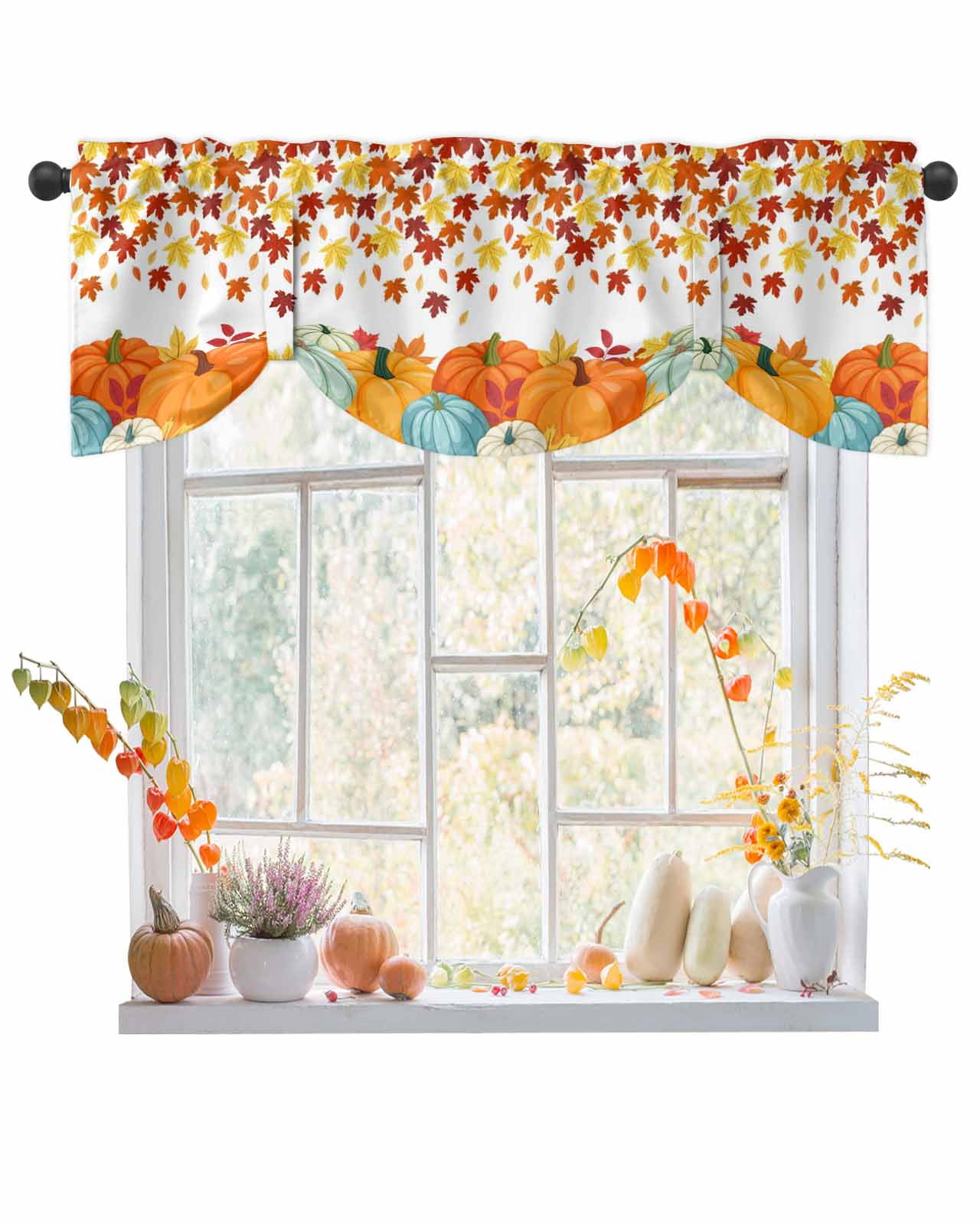 Tie Up Valance Curtain for Kitchen,Orange Maple Leaf Fall Thanksgiving ...
