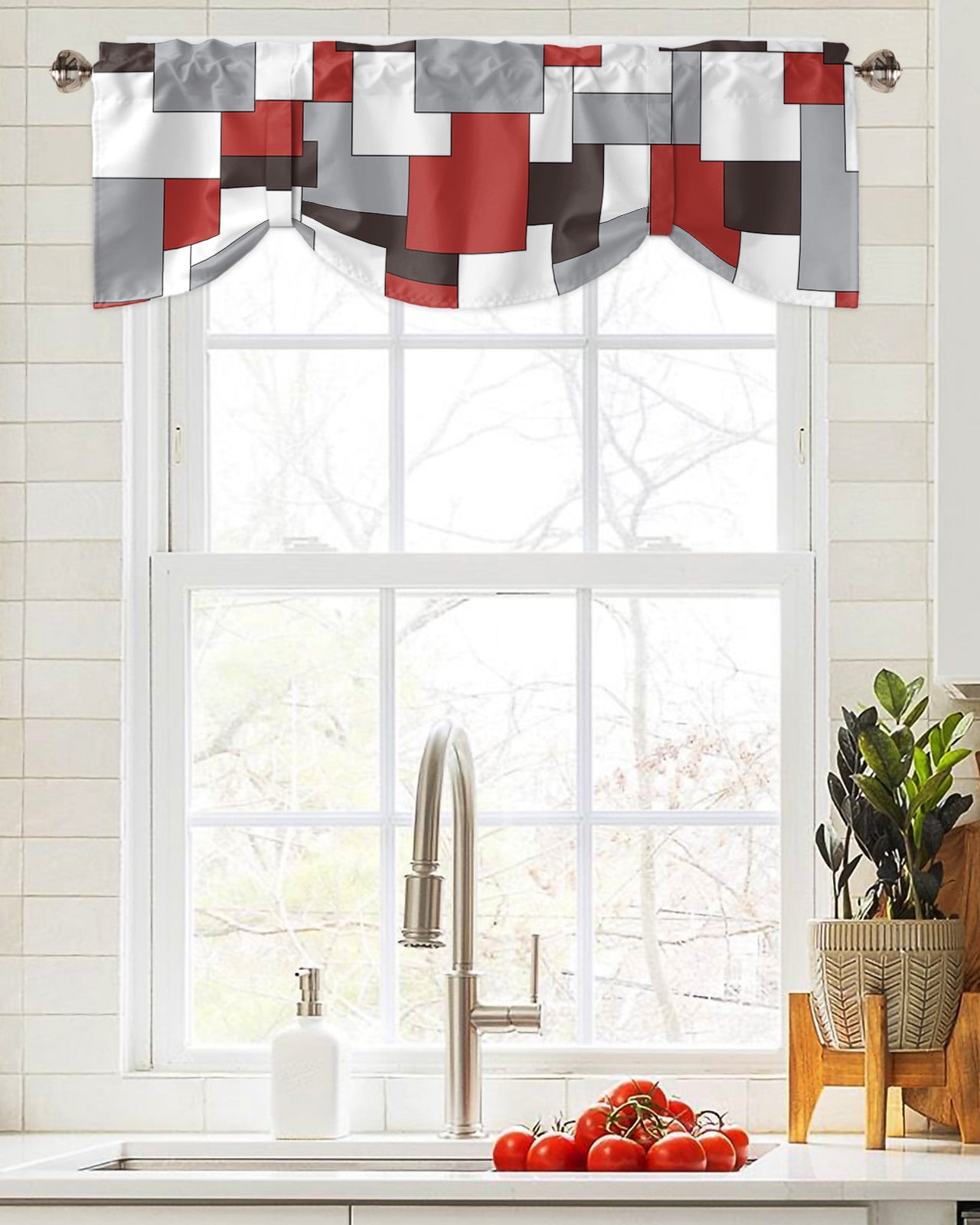 Tie Up Valance Curtain for Kitchen,Red Color Block Grey Abstract Rod ...