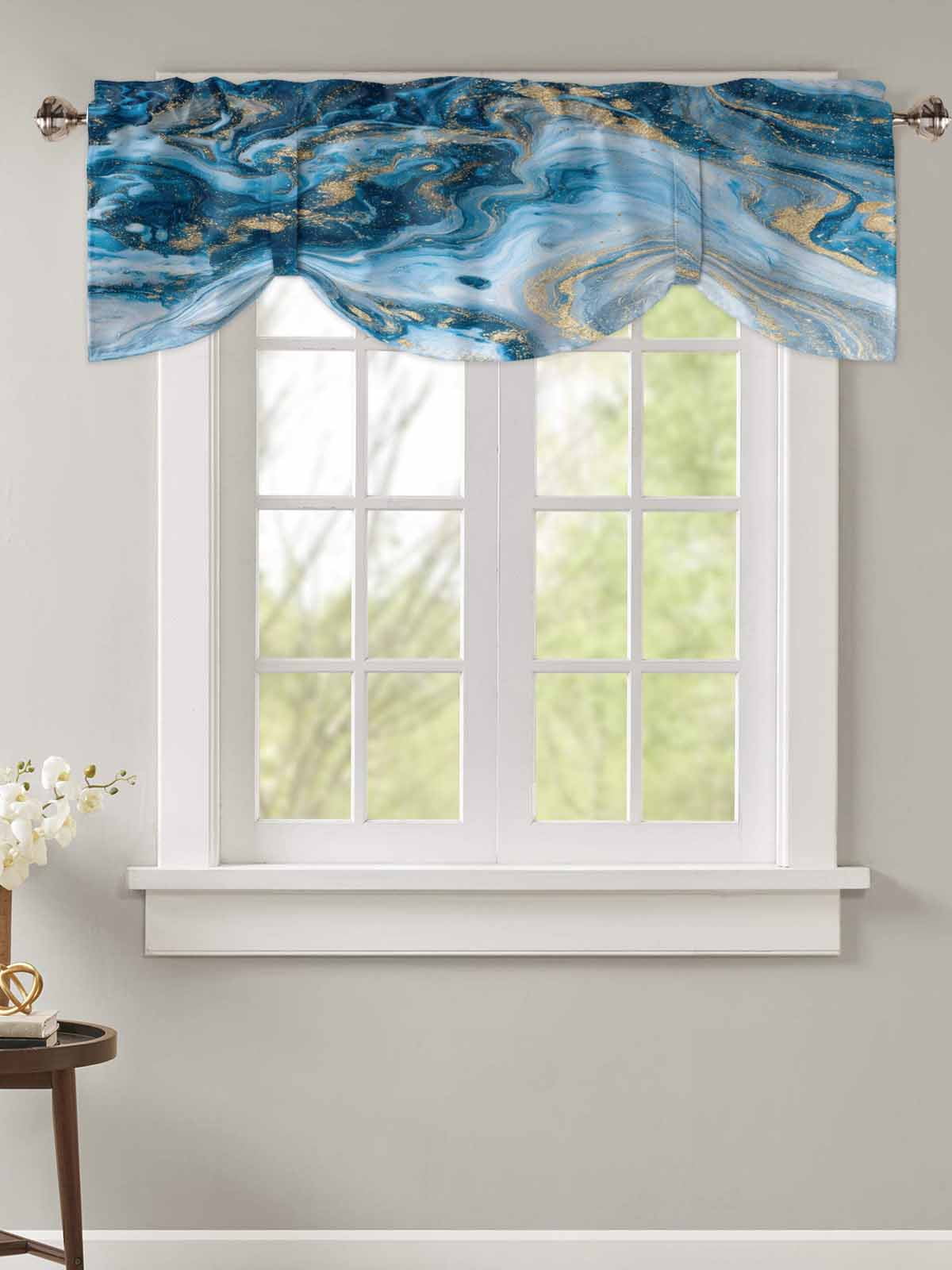 Tie Up Valance Curtain for Kitchen,Retro Abstract Blue Marble Stone Rod ...