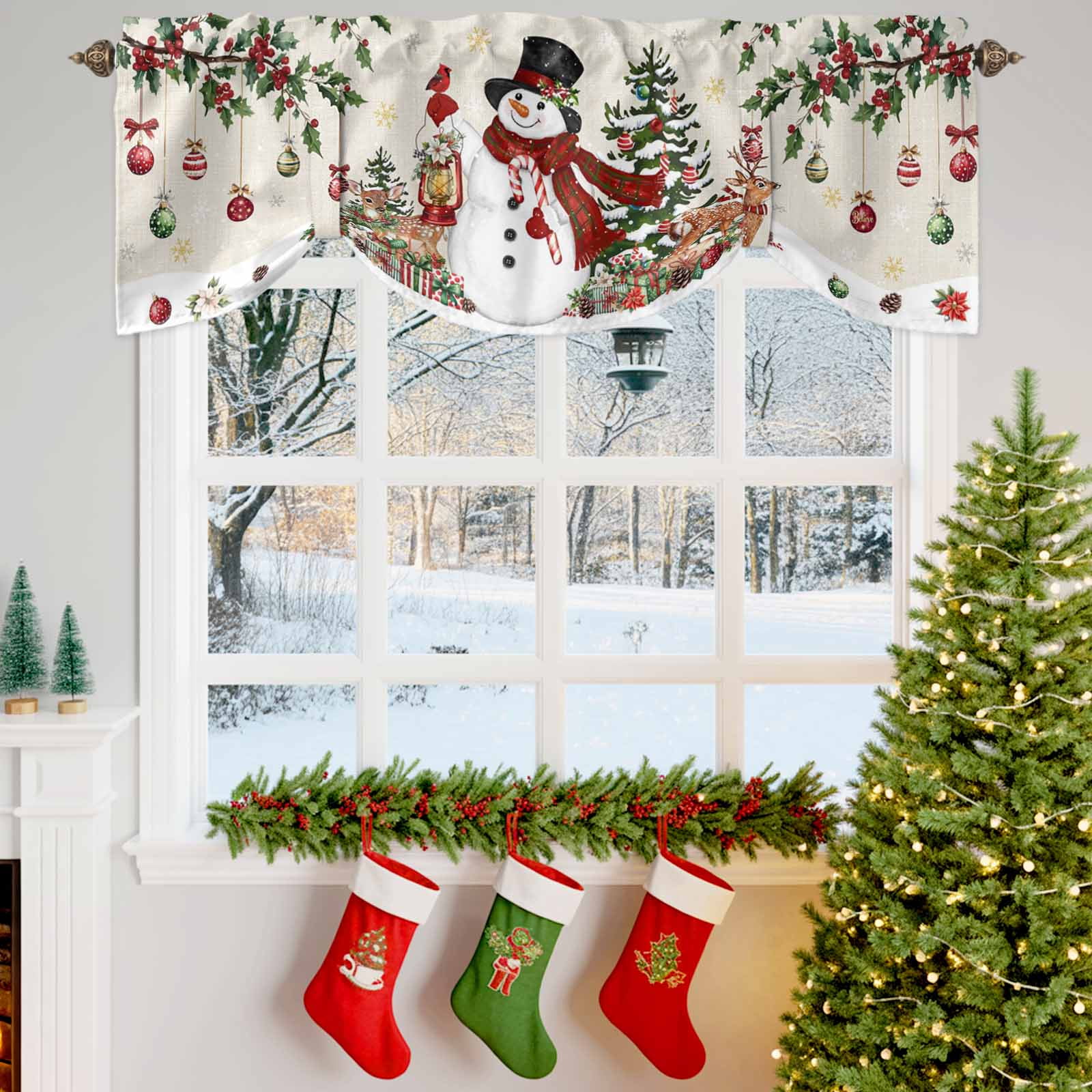 Tie Up Valance Curtain for Kitchen,Retro Christmas Trees Snowman Elk ...
