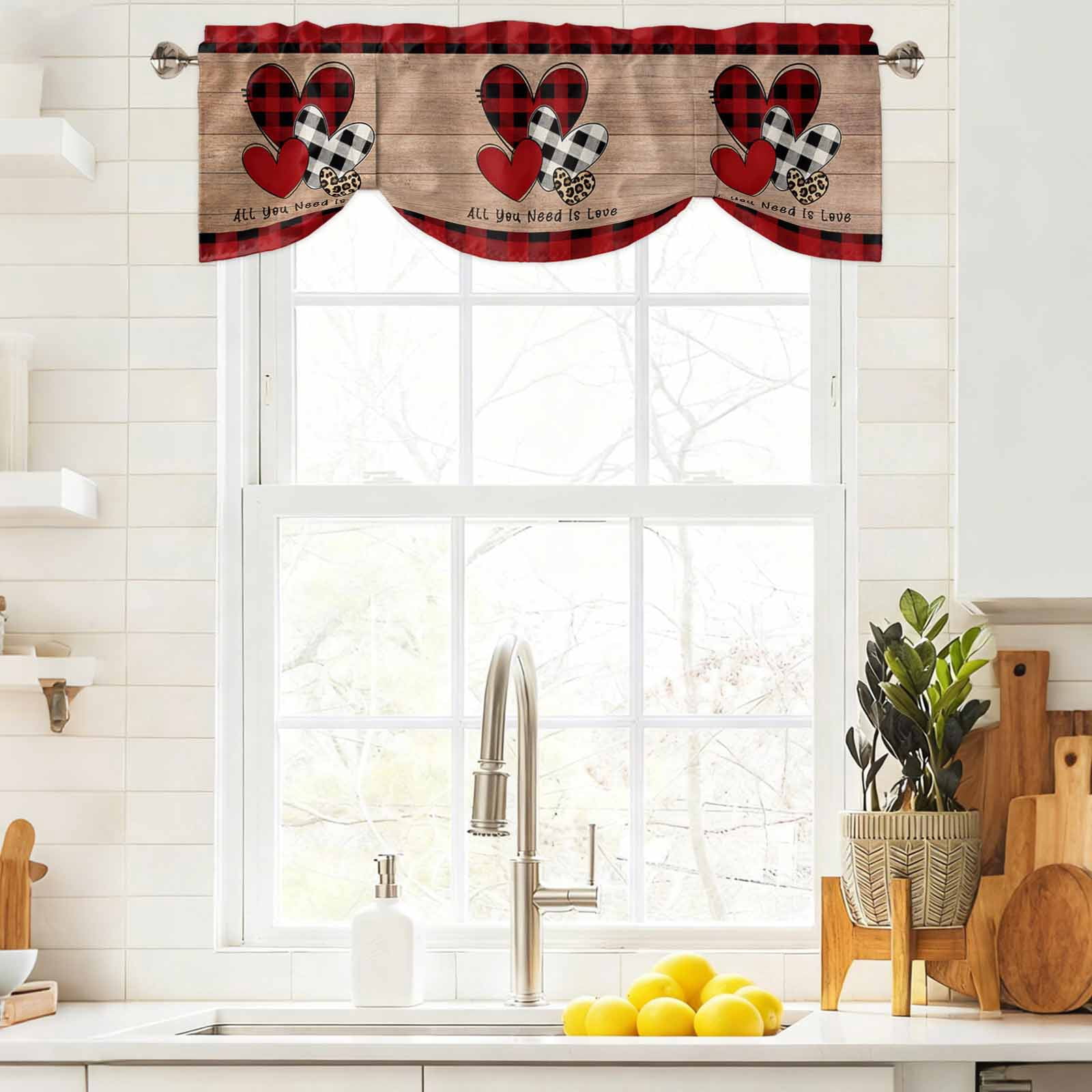 Tie Up Valance Curtain for Kitchen,Retro Romantic Love Rod Pocket Short ...