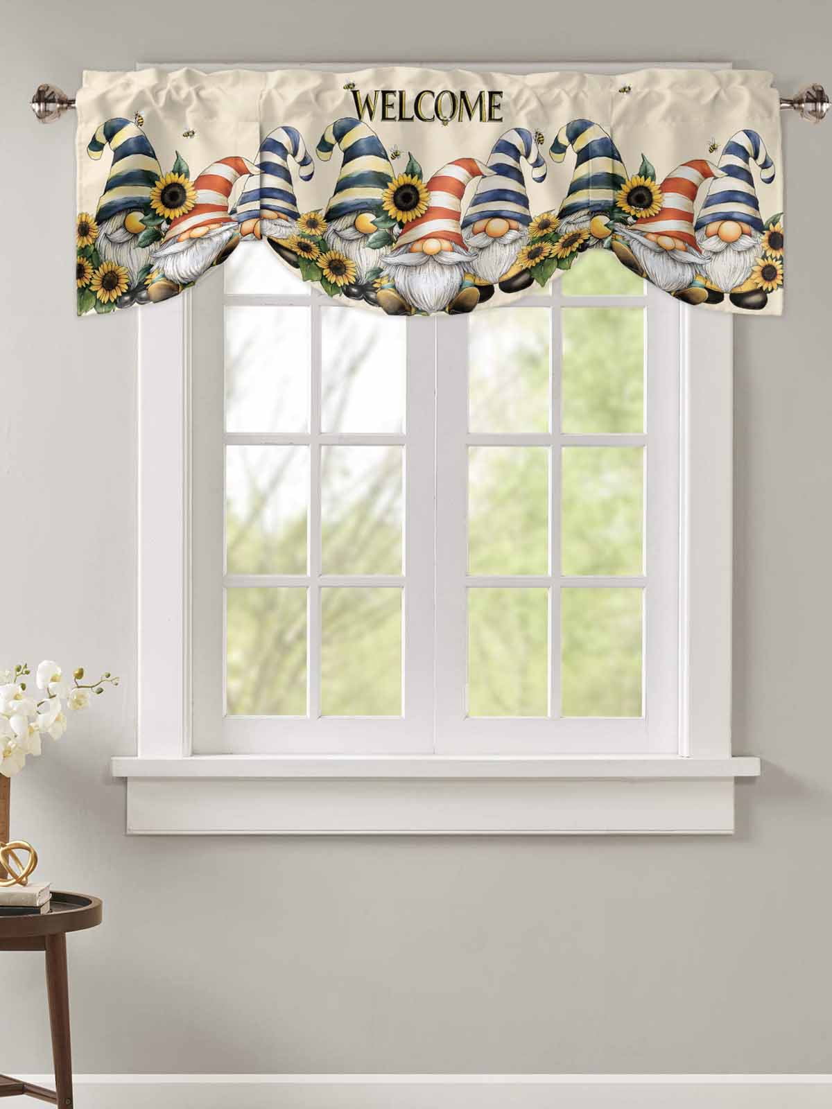 Tie Up Valance Curtain for Kitchen,Retro Summer Sunflower Dwarf Bee Rod ...